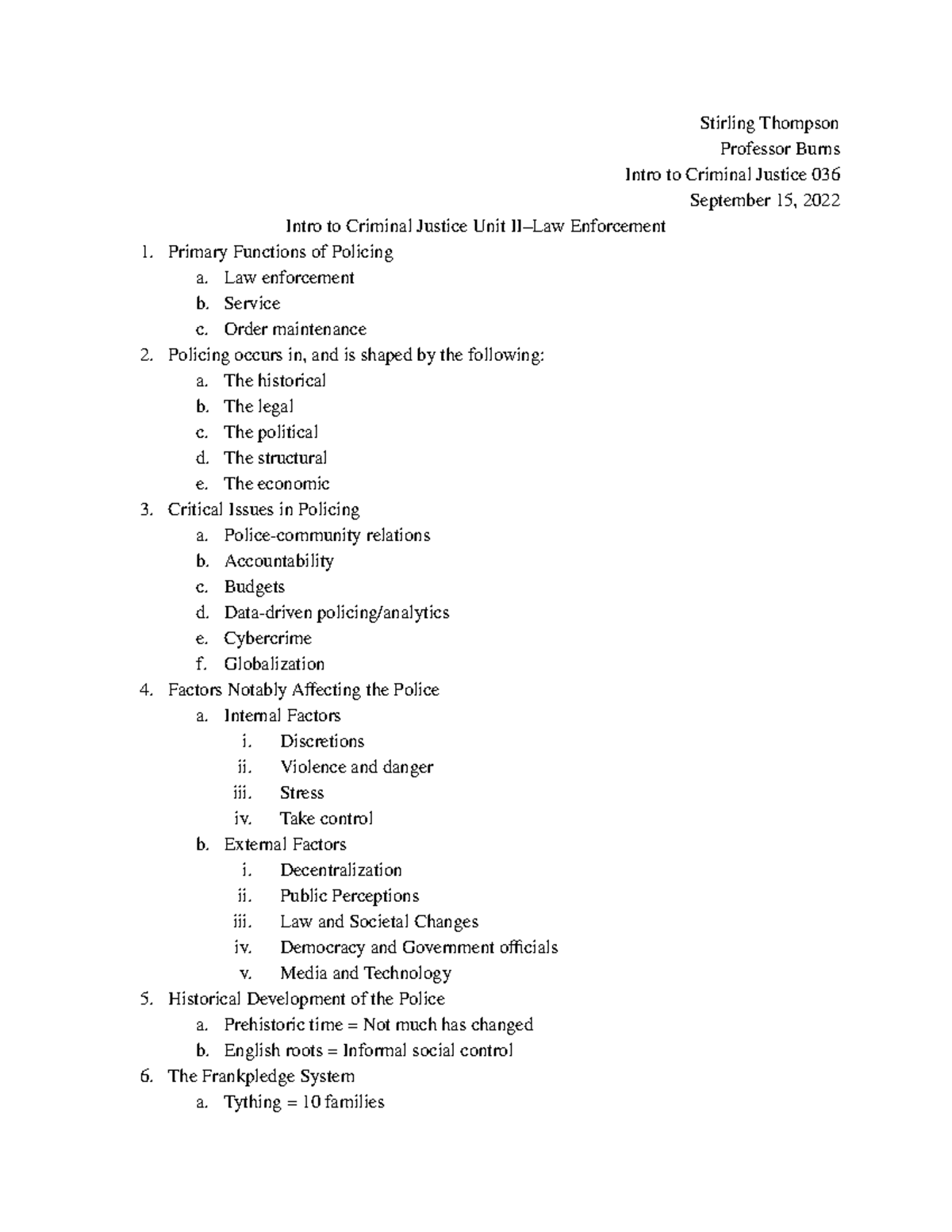 Criminal Justice Unit II–Law Enforcement - Stirling Thompson Professor ...