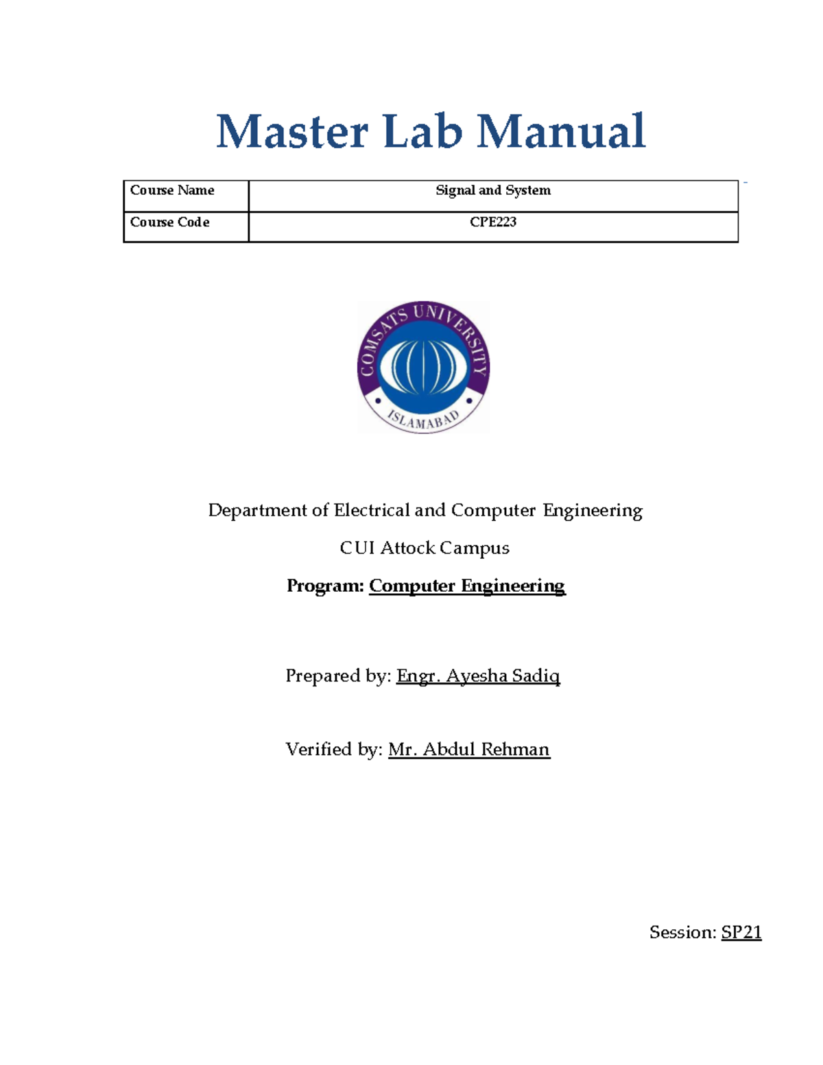 SNS MM Updated - very good pdf - Master Lab Manual Course Name Signal ...