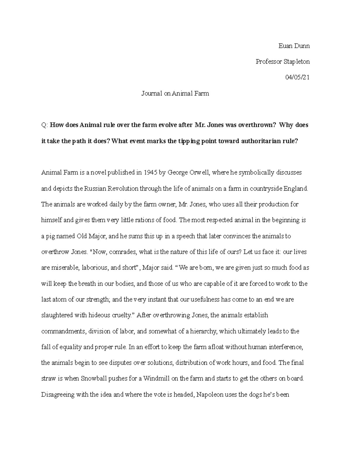 Animal Farm Journal - Euan Dunn Professor Stapleton Journal on Animal ...