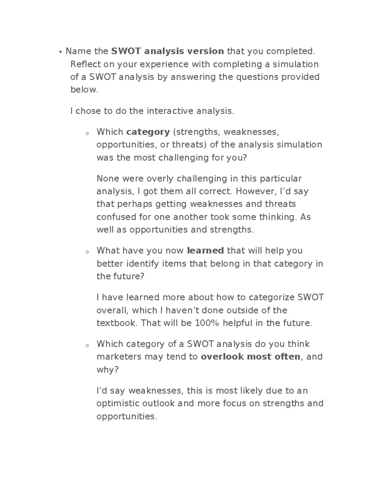 SWOT Analysis - Reflect on your experience with completing a simulation ...