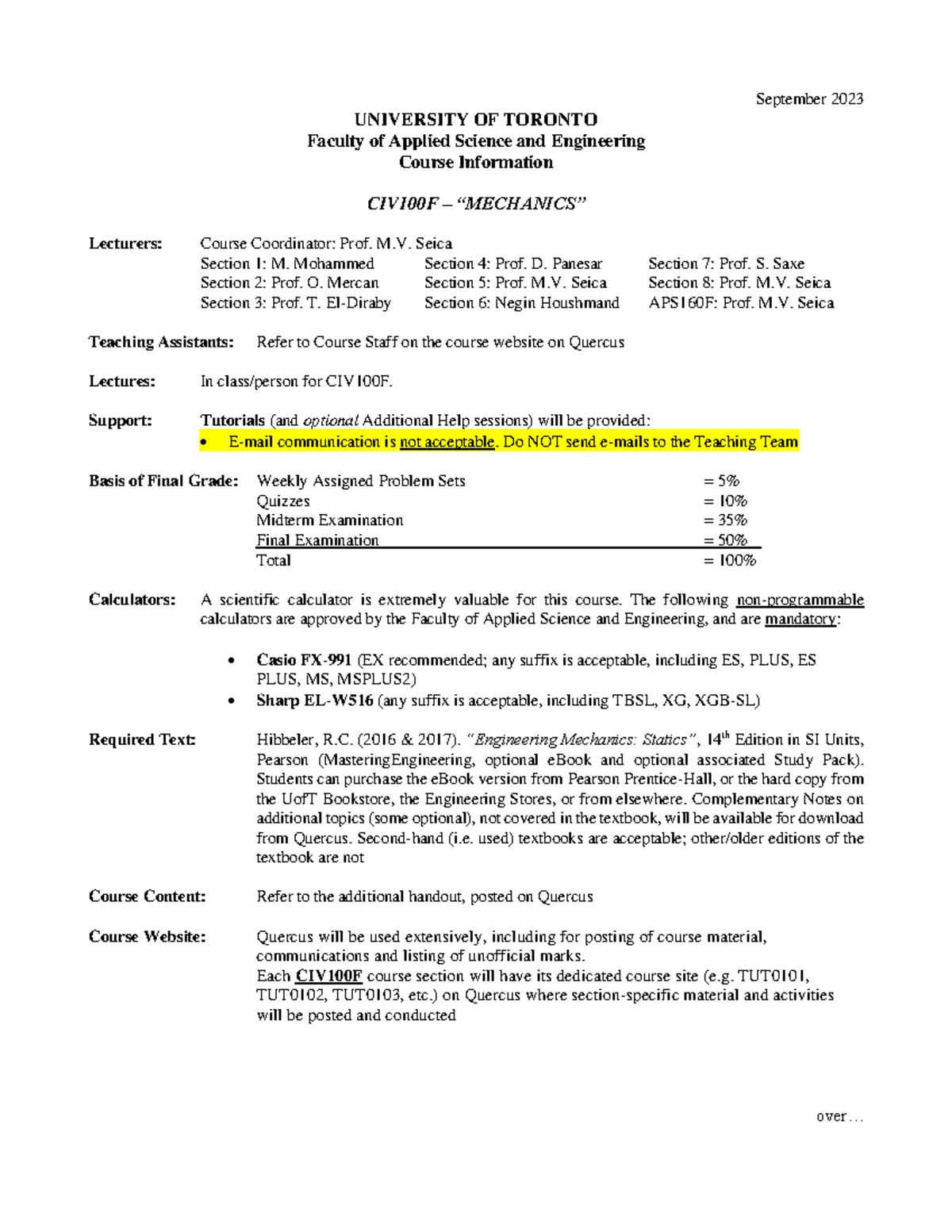 CIV100 F Course syllabus - over... September 20 23 UNIVERSITY OF ...