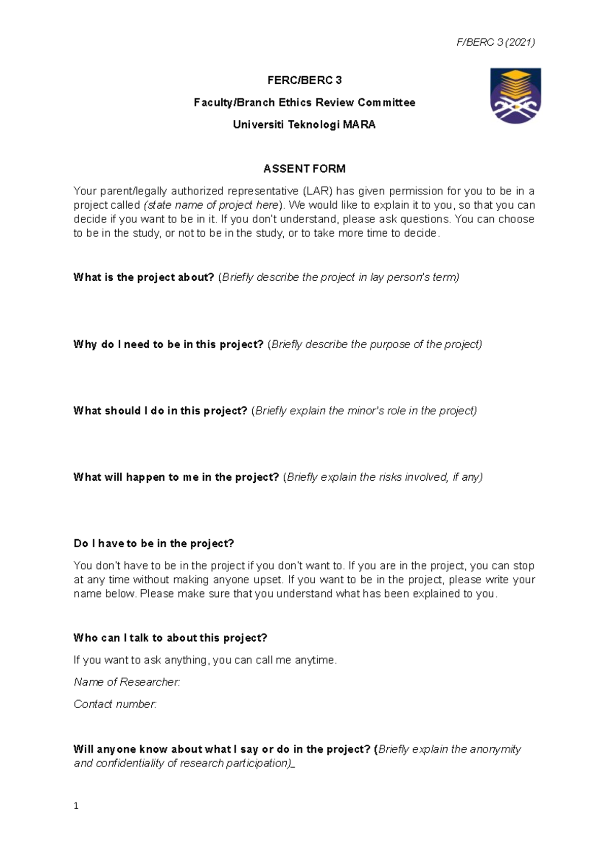 F.BERC 3 Assent Form - LEcture Note - FERC/BERC 3 Faculty/Branch Ethics ...