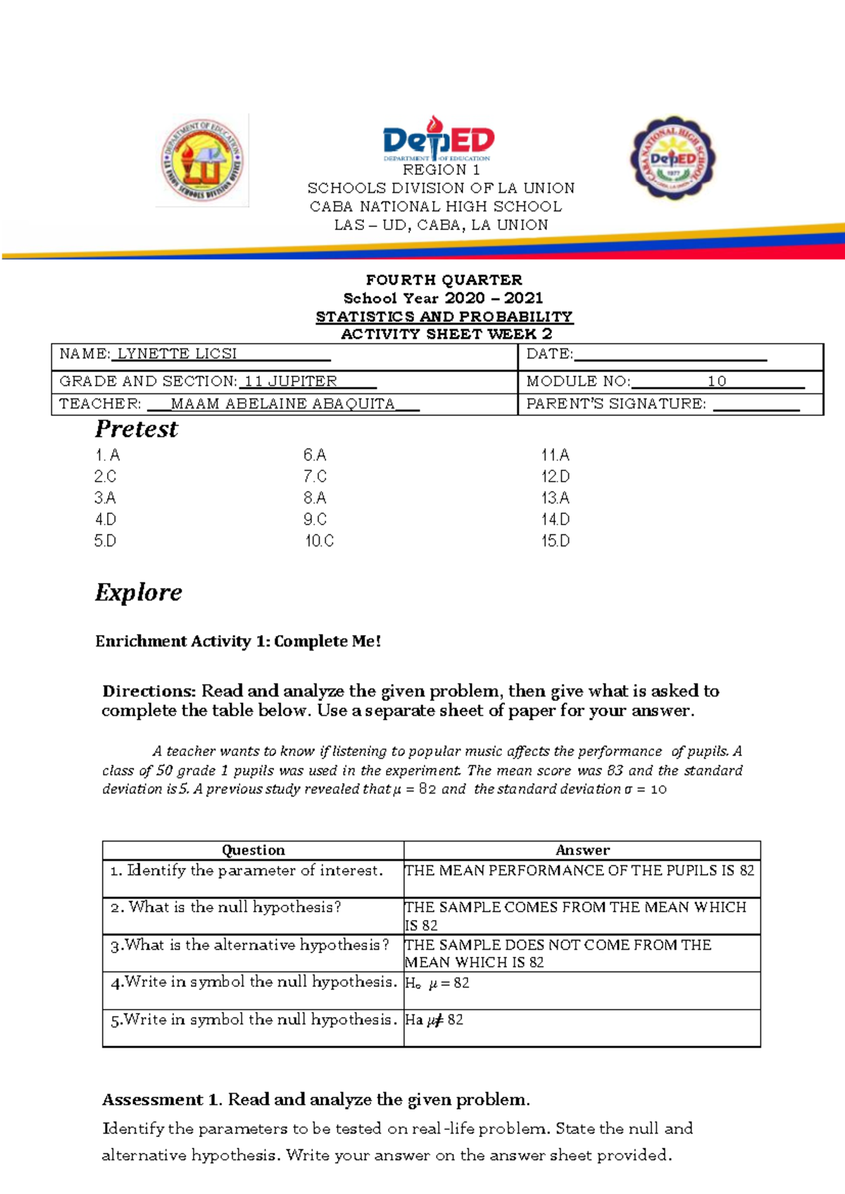 Answer- Sheet-Stat-and-Prob Q4 Module 10-LMML - REGION 1 SCHOOLS ...