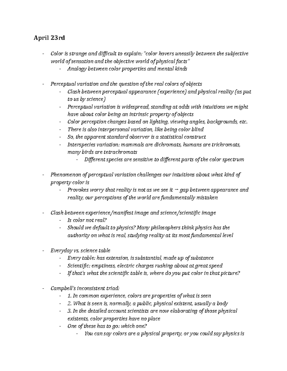 Class 23 - Lecture notes 23 - April 23rd Color is strange and difficult ...