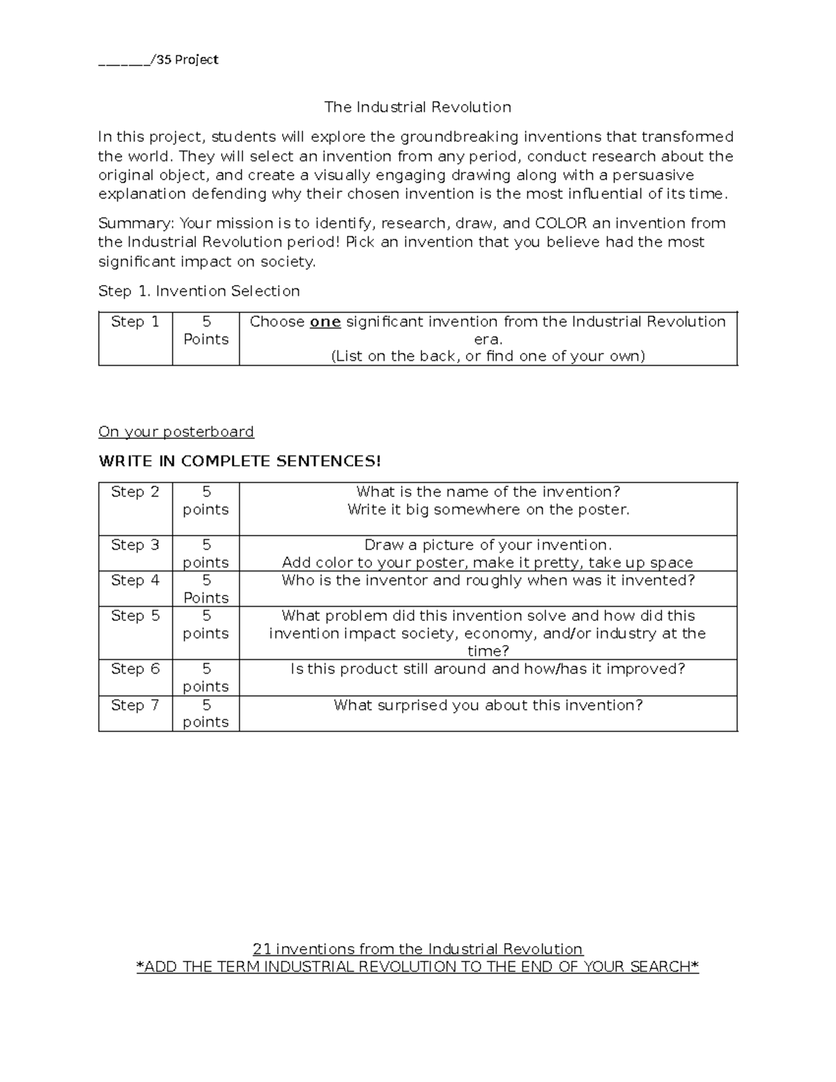 The Industrial Revolution project - _______/35 Project The Industrial ...