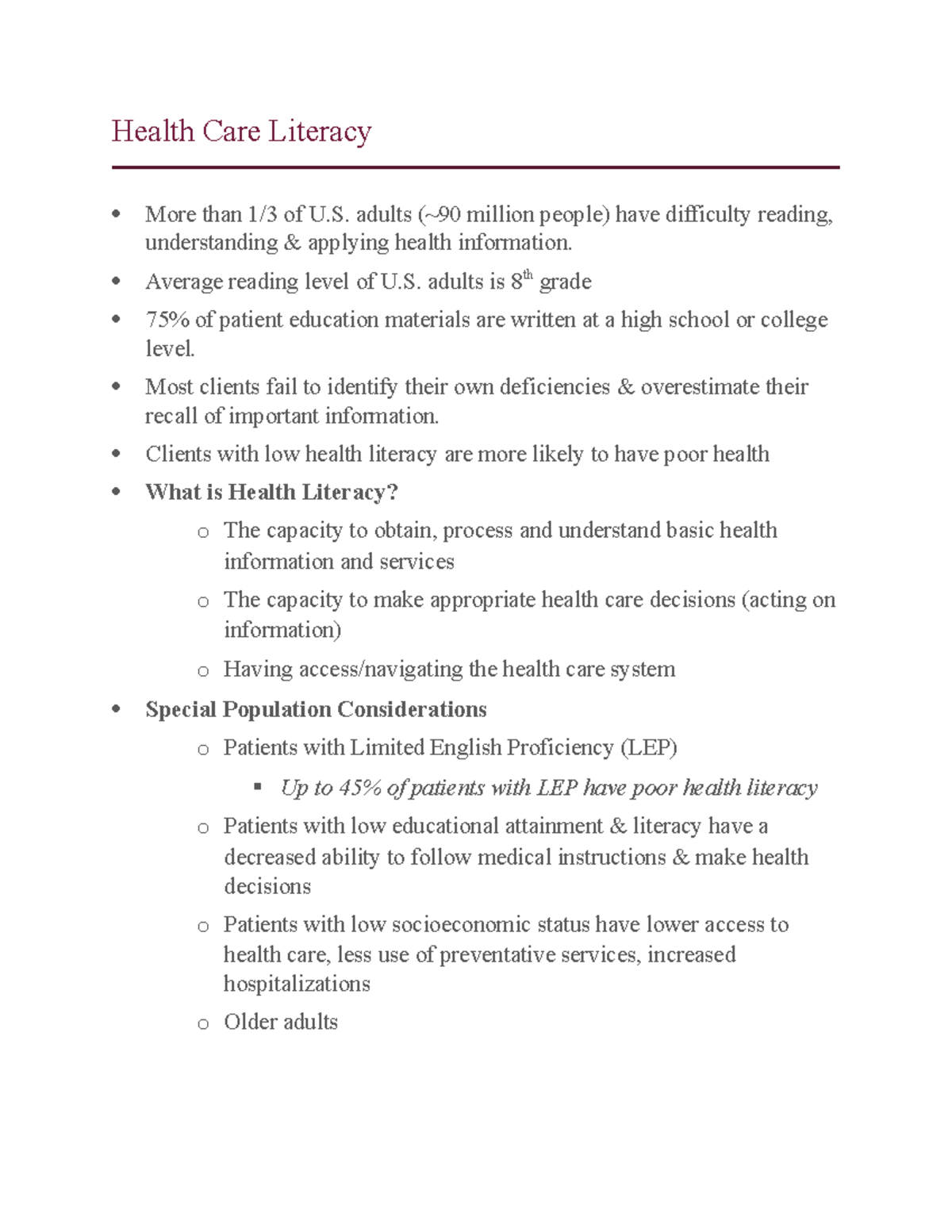 Health Care Literacy Notes - Health Care Literacy More than 1/3 of U ...