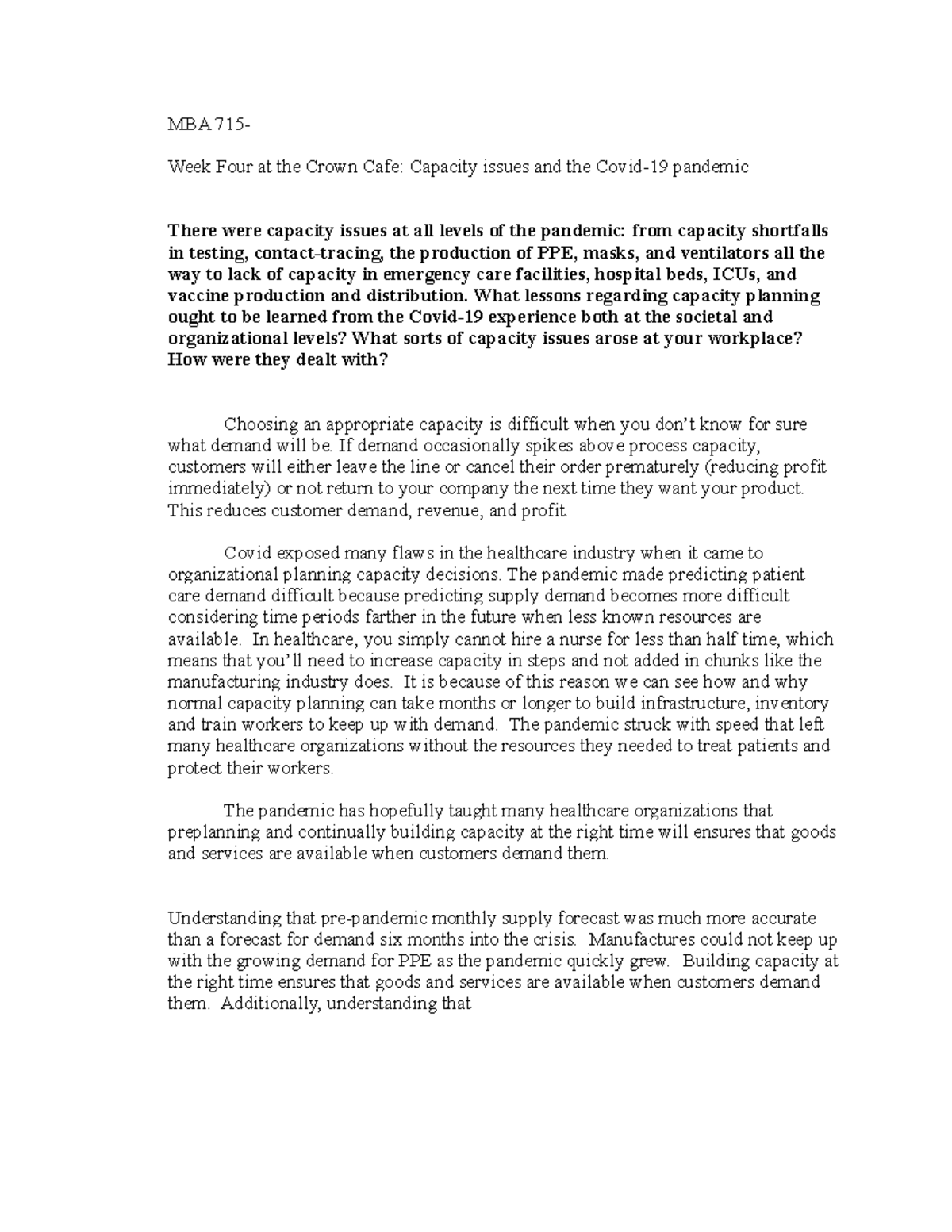 MBA 715 WK 4 cafe - Group discussion weekly discussion post questions ...