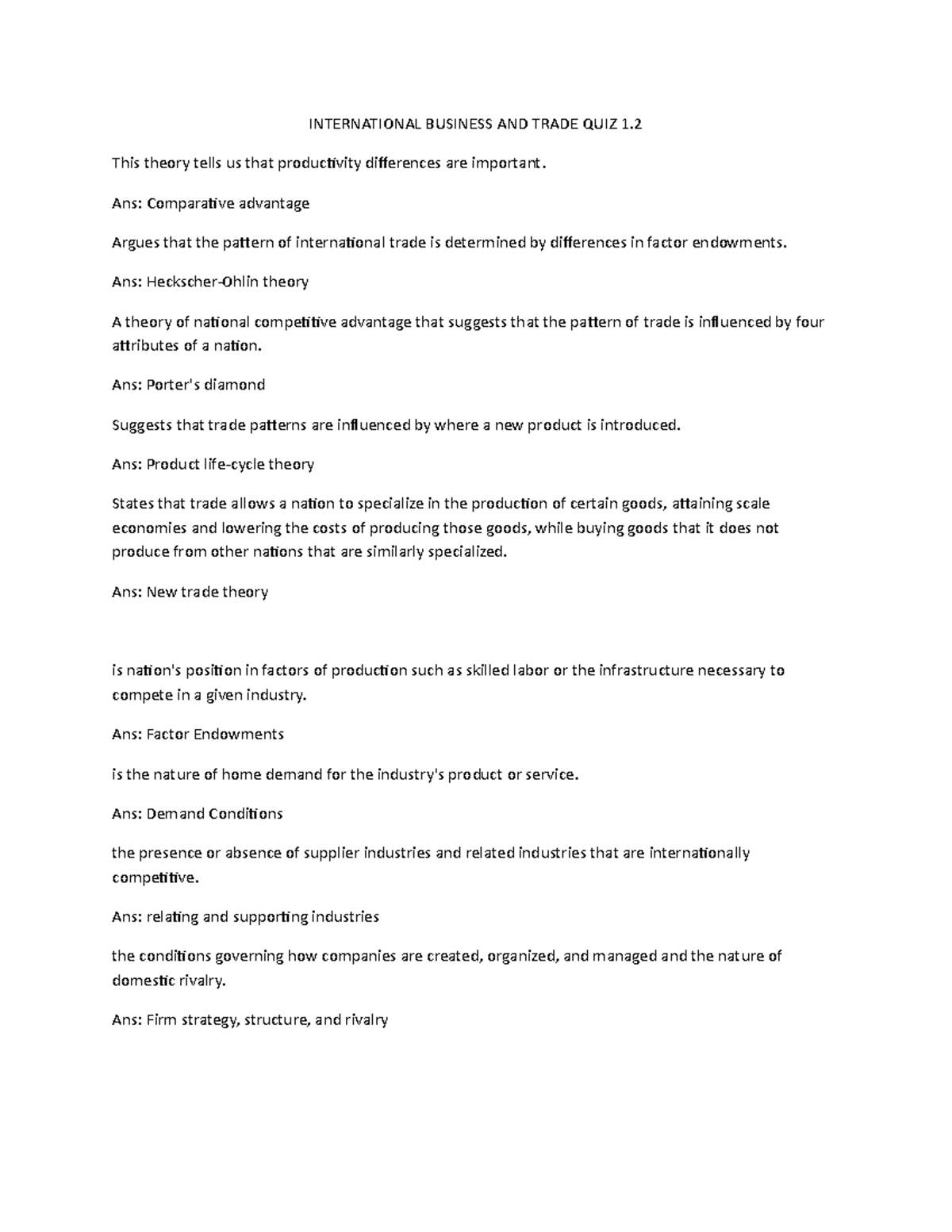 IBT QUIZ 1 - International Business and Trade - INTERNATIONAL BUSINESS ...