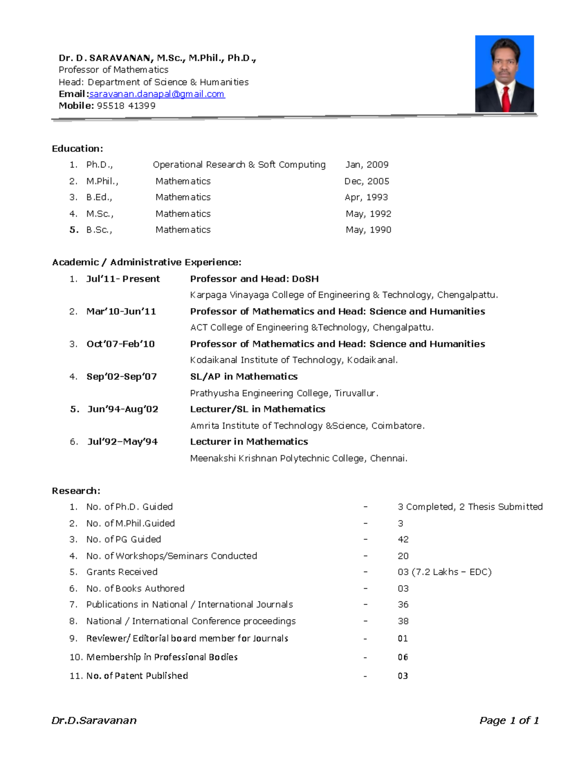 Saran-Profile - Fine - Dr.D Page 1 of 1 Education: 1. Ph., Operational ...