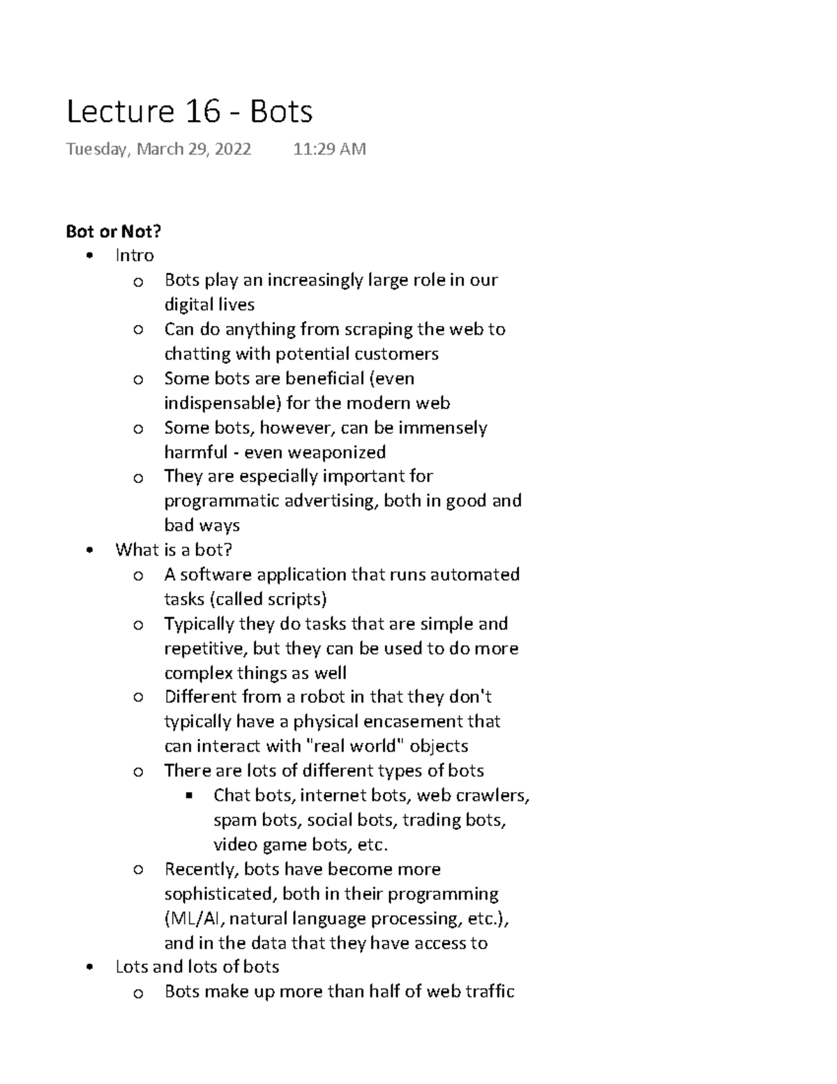 Lecture 16 - Bots - Bot or Not? Intro Bots play an increasingly large ...