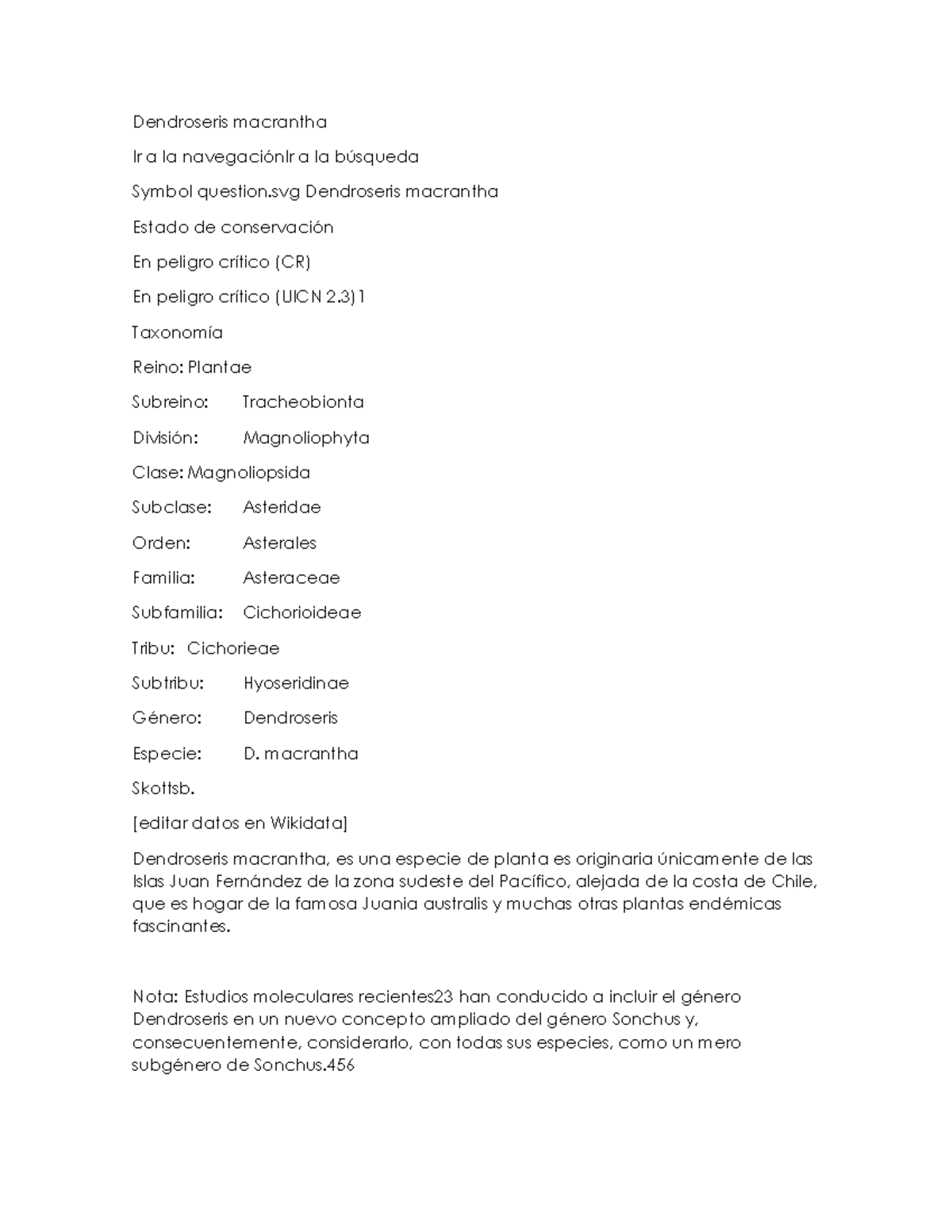 Dendroseris macrantha - macrantha Skottsb. [editar datos en Wikidata ...