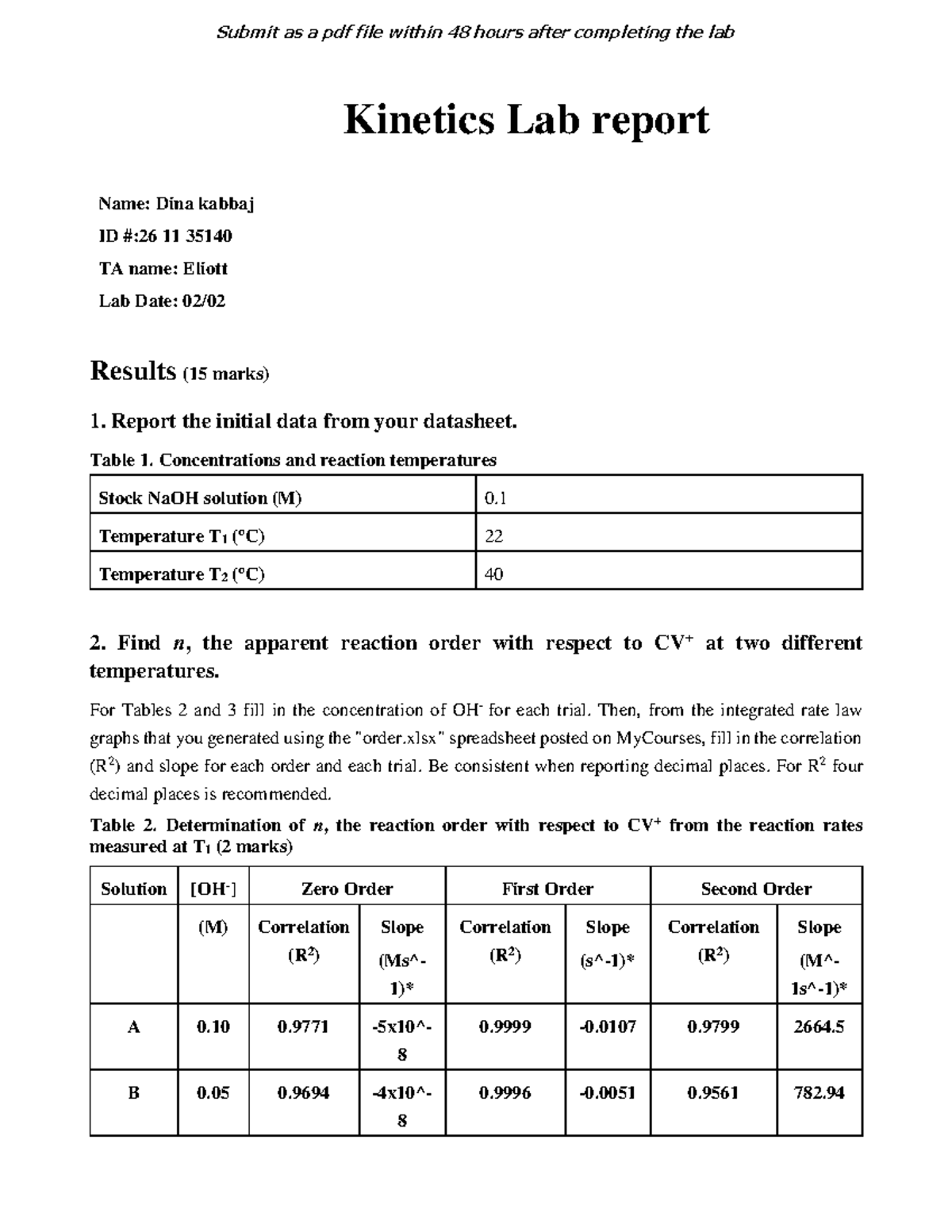 Labreportkinectics A Lab Report That Has To Be Filled Within 2days Kinetics Lab Report Name