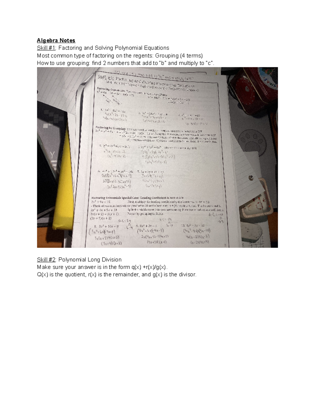 Algebra Formulas and Notes - Algebra Notes Skill #1: Factoring and ...