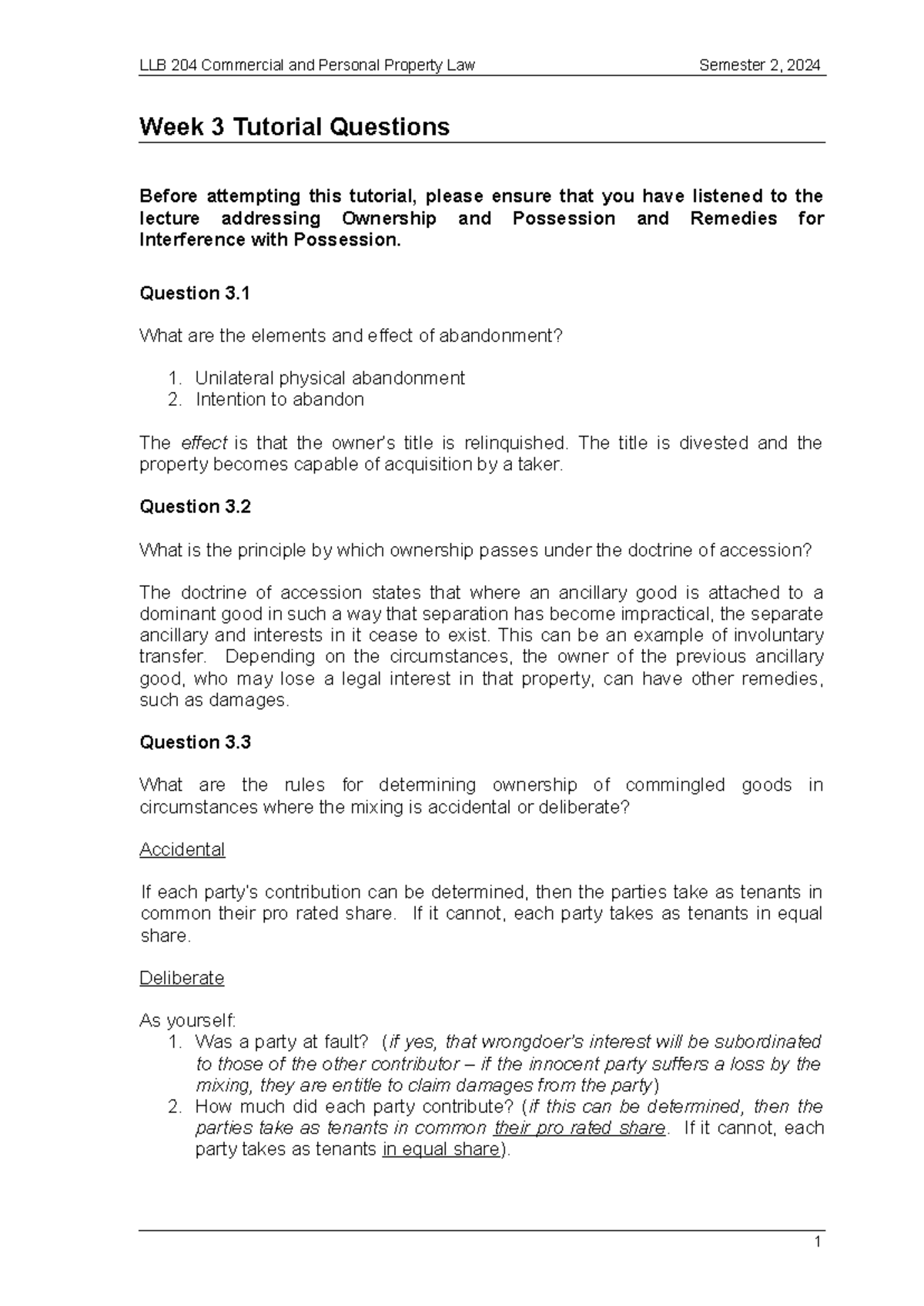 Week 3 Tutorial Questions LLB204 - LLB 204 Commercial and Personal Property Law Semester 2, 2024 ...