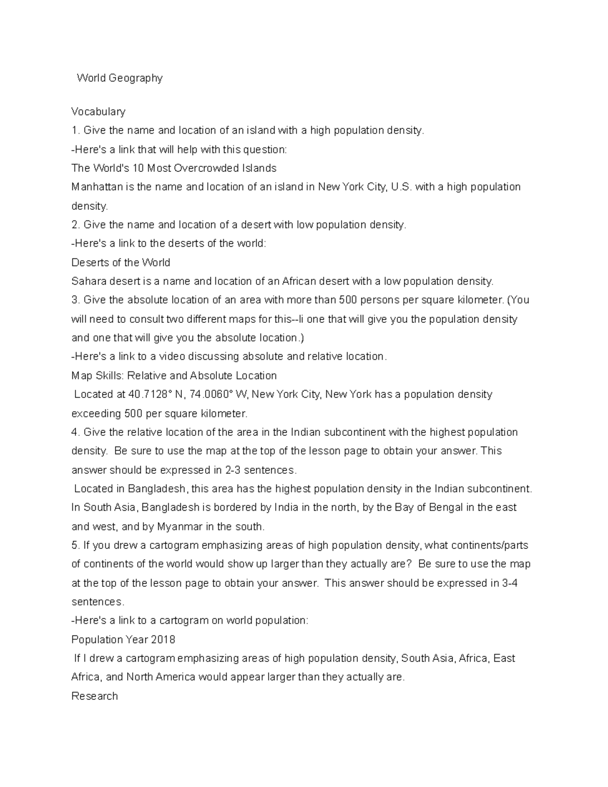 World Geography A - World Geography Vocabulary Give the name and ...