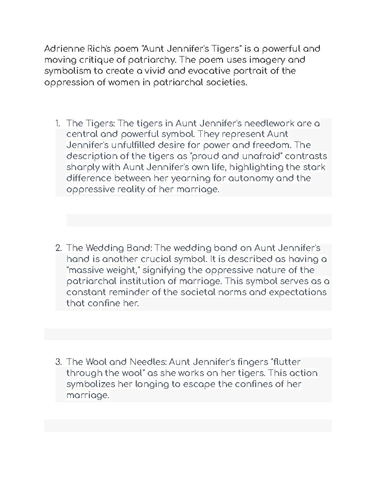 Imagery used in poem aunt jennifers tigers by adreinne rich - Adrienne ...