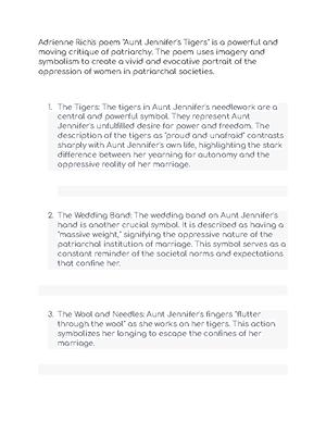 Aunt jennifers tigers as a critique to Patriarchy - "Aunt Jennifer's ...