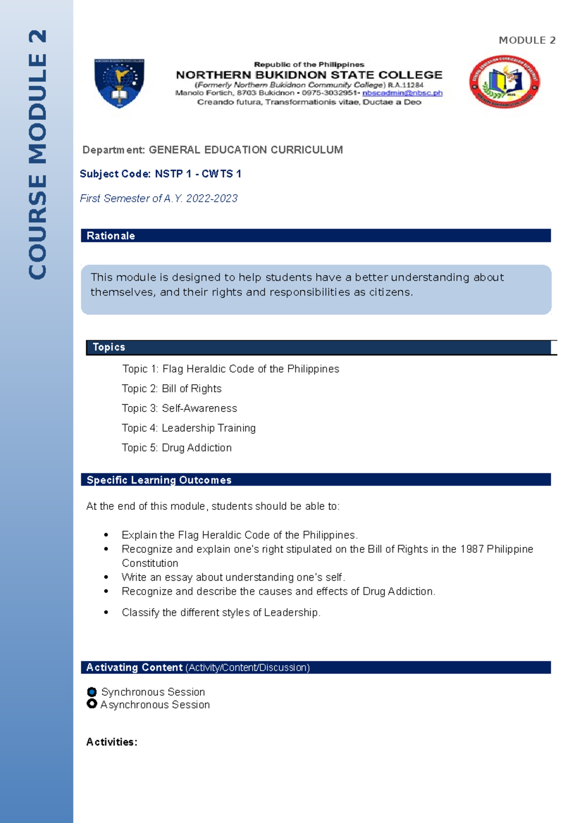 NSTP 1 CWTS 1 Module 2 Final - MODULE 2 Department: GENERAL EDUCATION CURRICULUM Subject Code ...