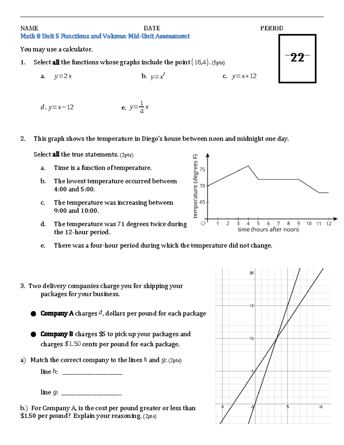 Mid unit assessment 21-22 - NAME DATE PERIOD Math 8 Unit 5 Functions ...