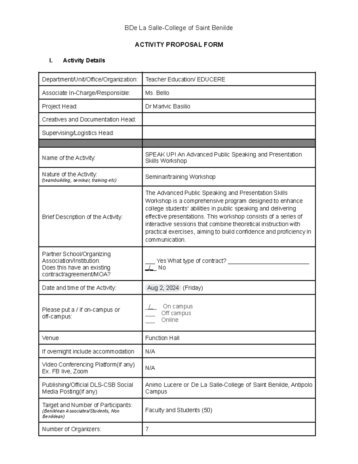 Techwrt Activity Proposal Form - BDe La Salle-College of Saint Benilde ...