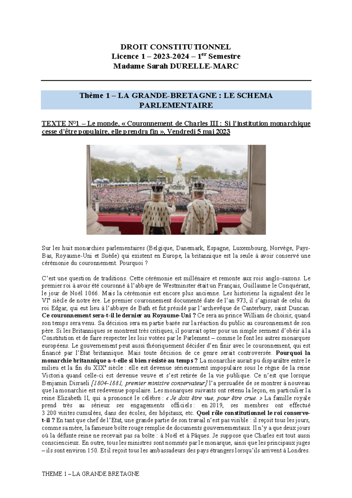 TE thème 1 - TD L1 DCJ - DROIT CONSTITUTIONNEL Licence 1 – 2023 - 2024 – 1 er Semestre Madame ...