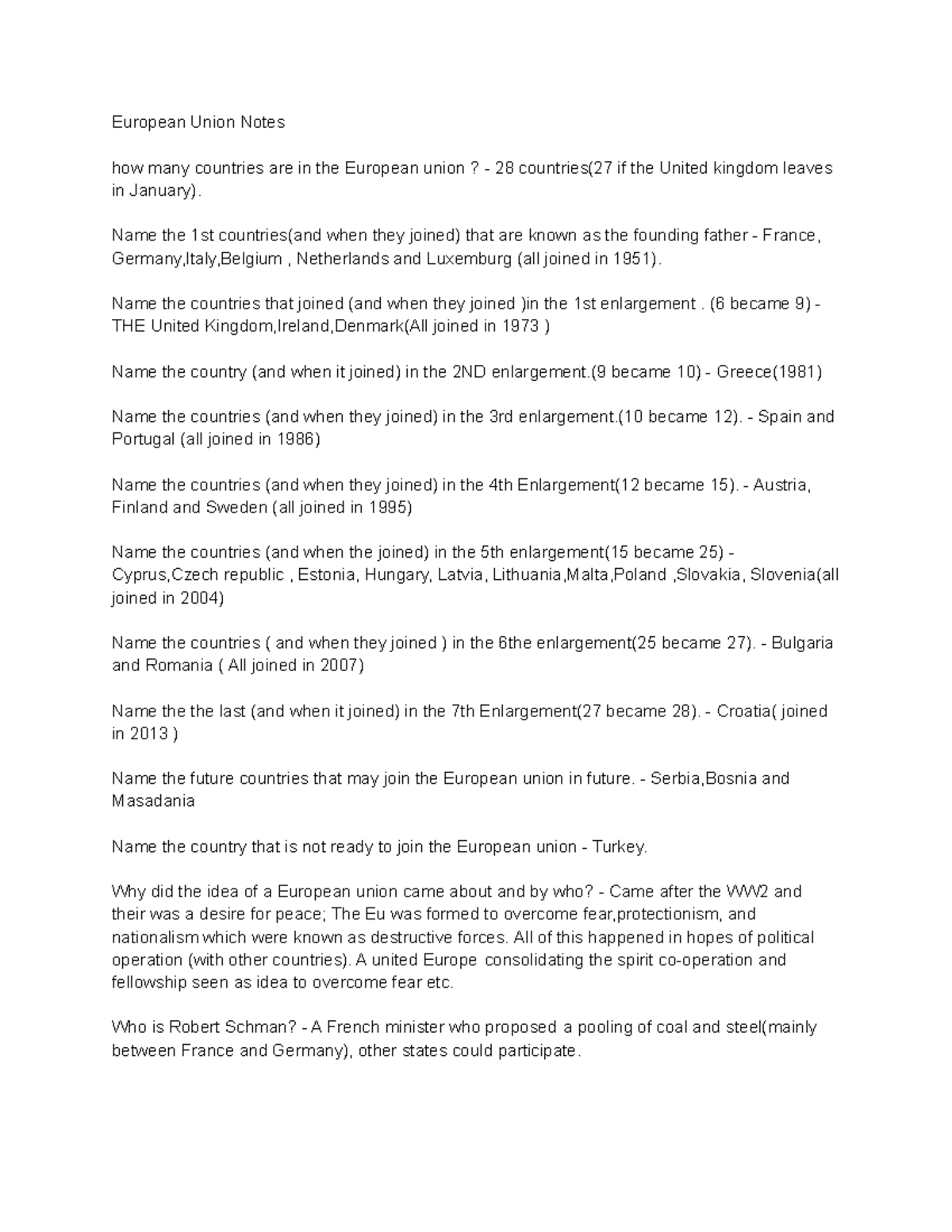 European Union Notes - Name the 1st countries(and when they joined ...