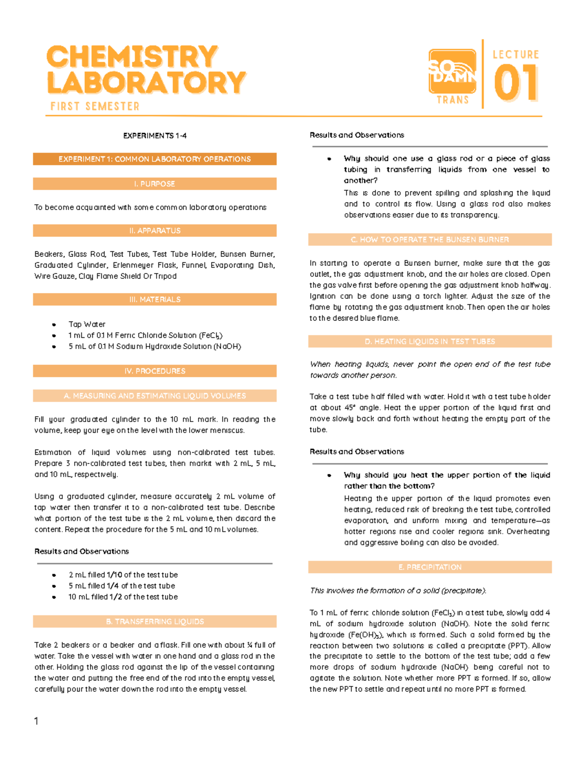 CHEM 1 LAB Experiments 1-8 - EXPERIMENTS 1- EXPERIMENT 1: COMMON ...