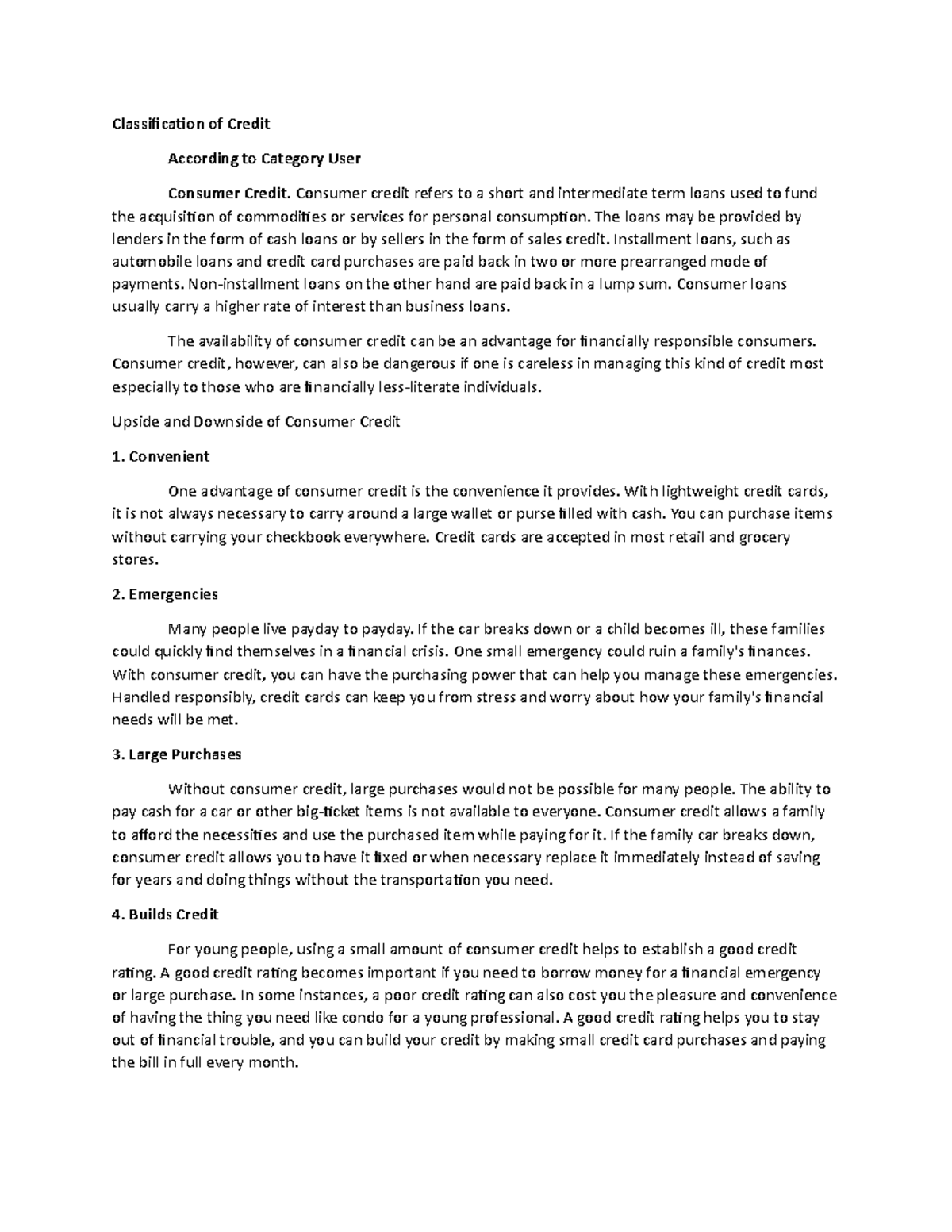 Classification of Credit - Classification of Credit According to ...