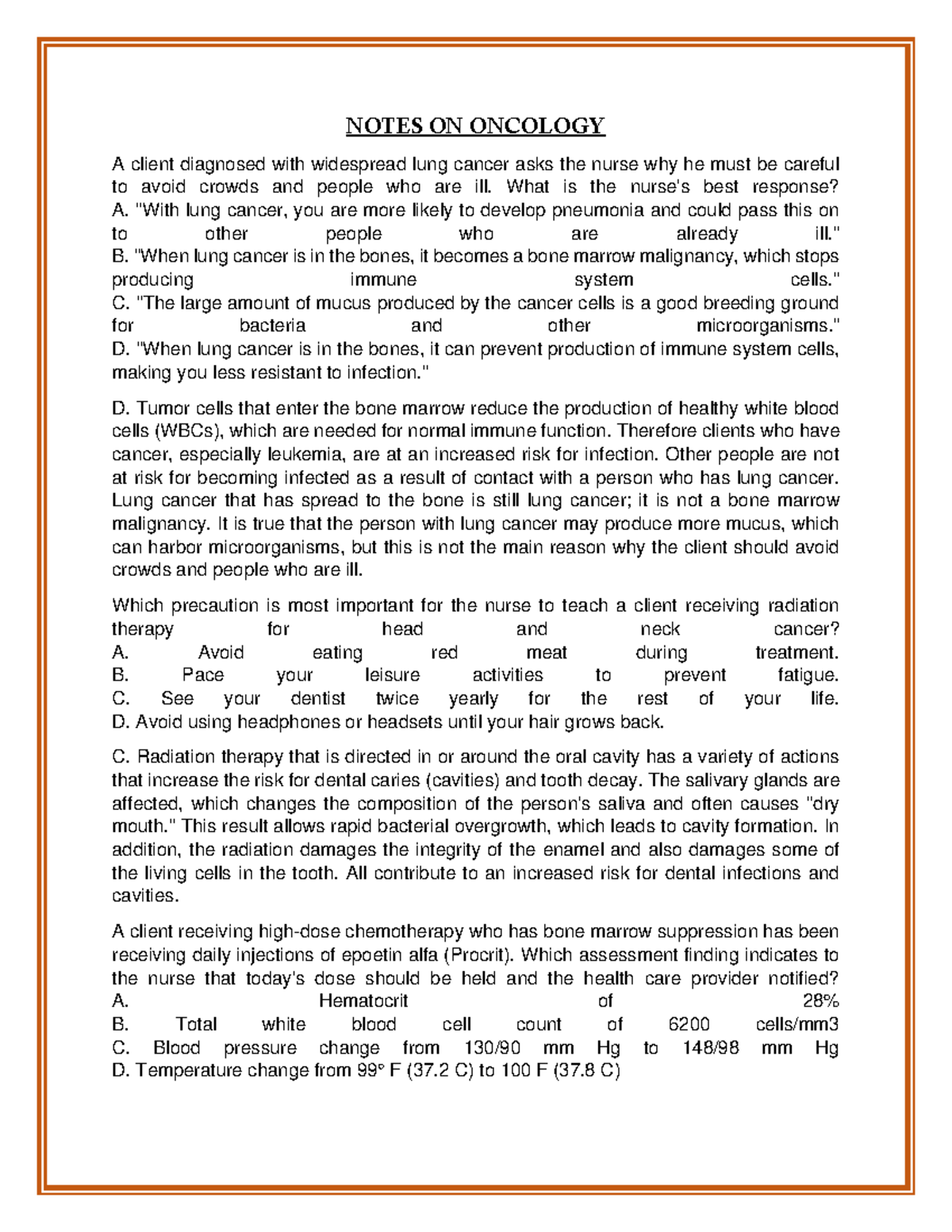 Notes ON Oncology - NOTES ON ONCOLOGY A client diagnosed with ...