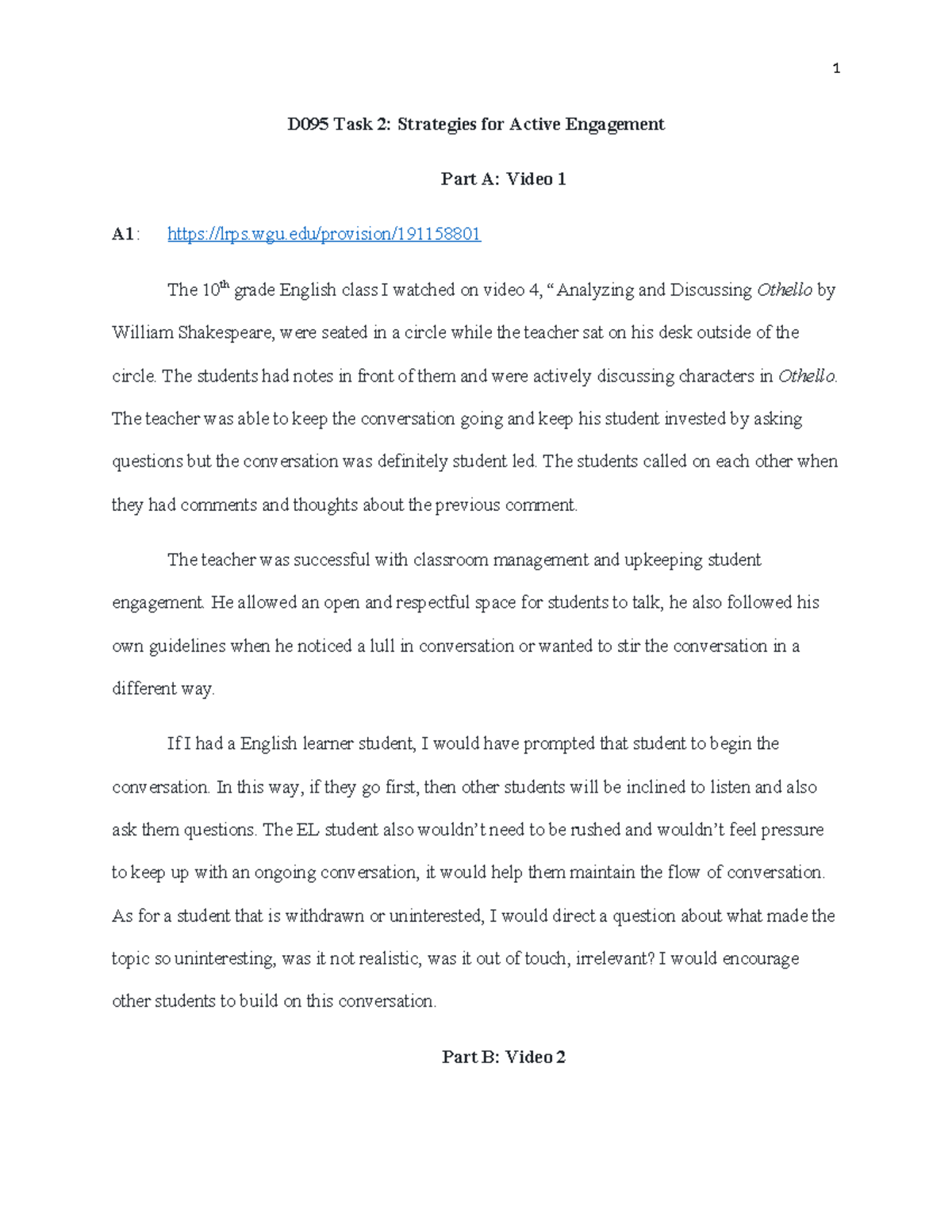 D095 Task 2 - Passed - D095 Task 2: Strategies for Active Engagement ...