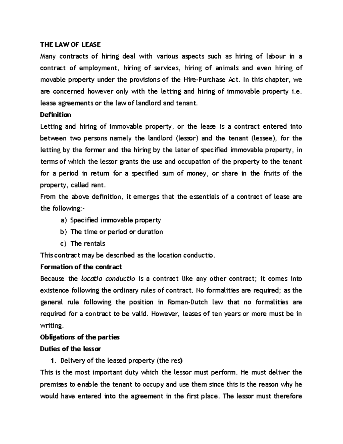 Topic 6 The law of lease - THE LAW OF LEASE Many contracts of hiring ...