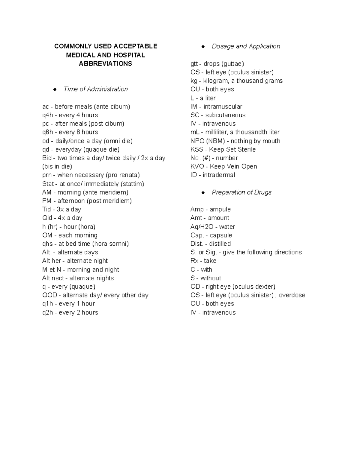 Abbreviations - notes - COMMONLY USED ACCEPTABLE MEDICAL AND HOSPITAL ...
