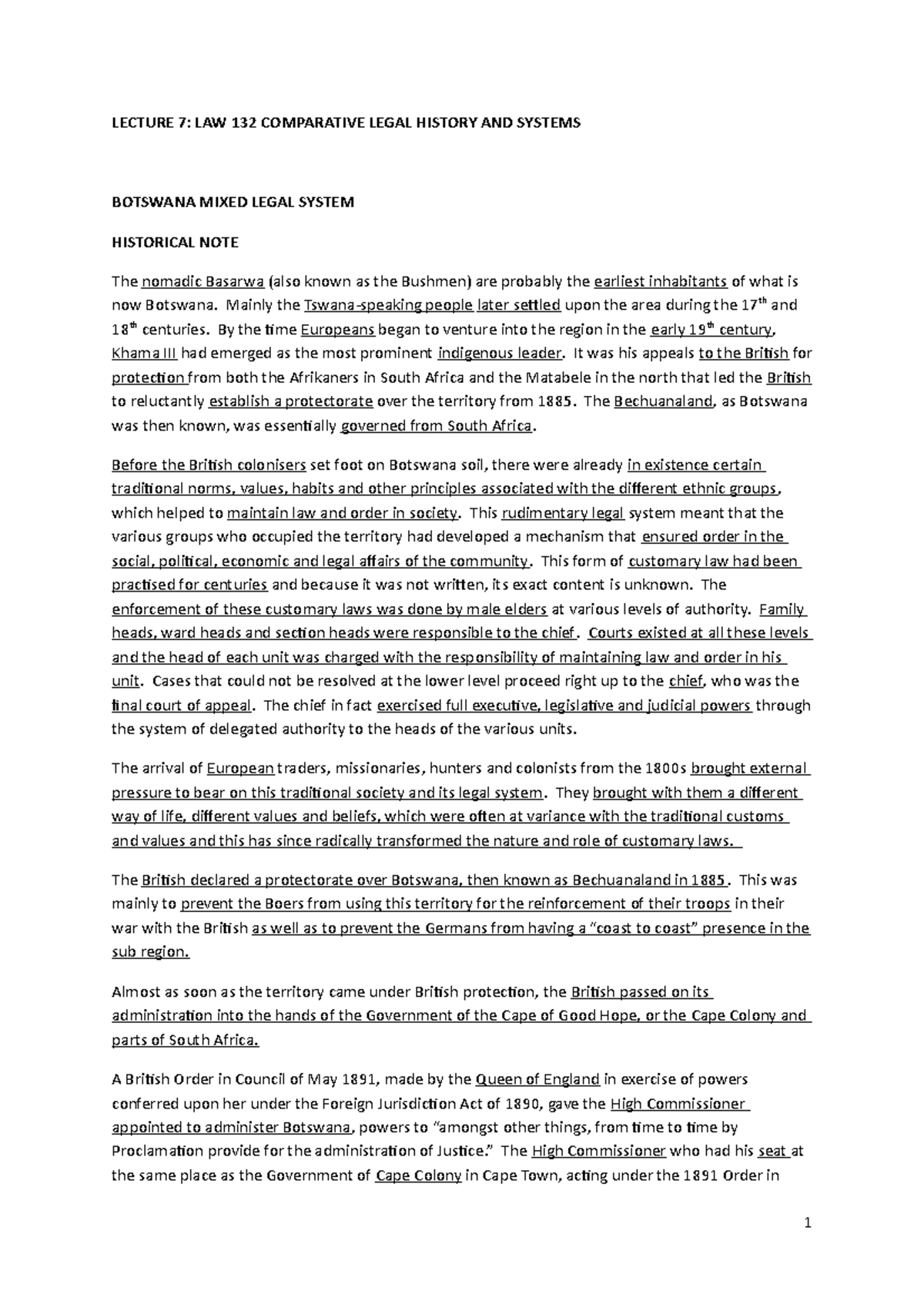 Lecture 7 LAW 132 Botswana Mixed Legal System Final - LECTURE 7: LAW ...