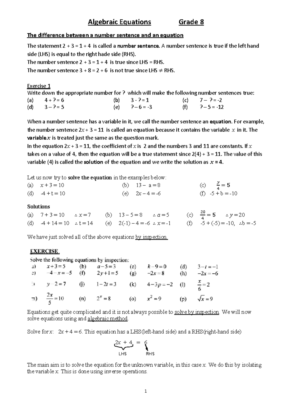 Algebraic-Equations - Notes on stats - Algebraic Equations Grade 8 The ...