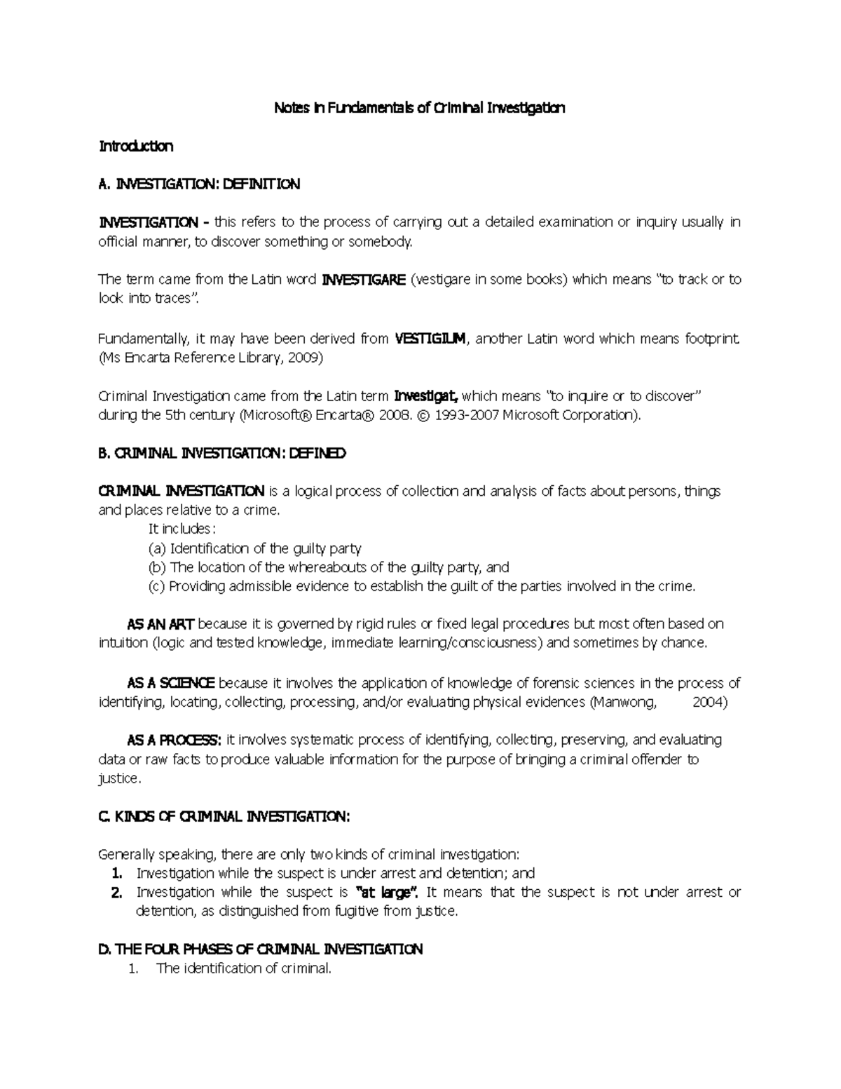 Notes in Fundamentals of Criminal Investigation - Notes in Fundamentals ...
