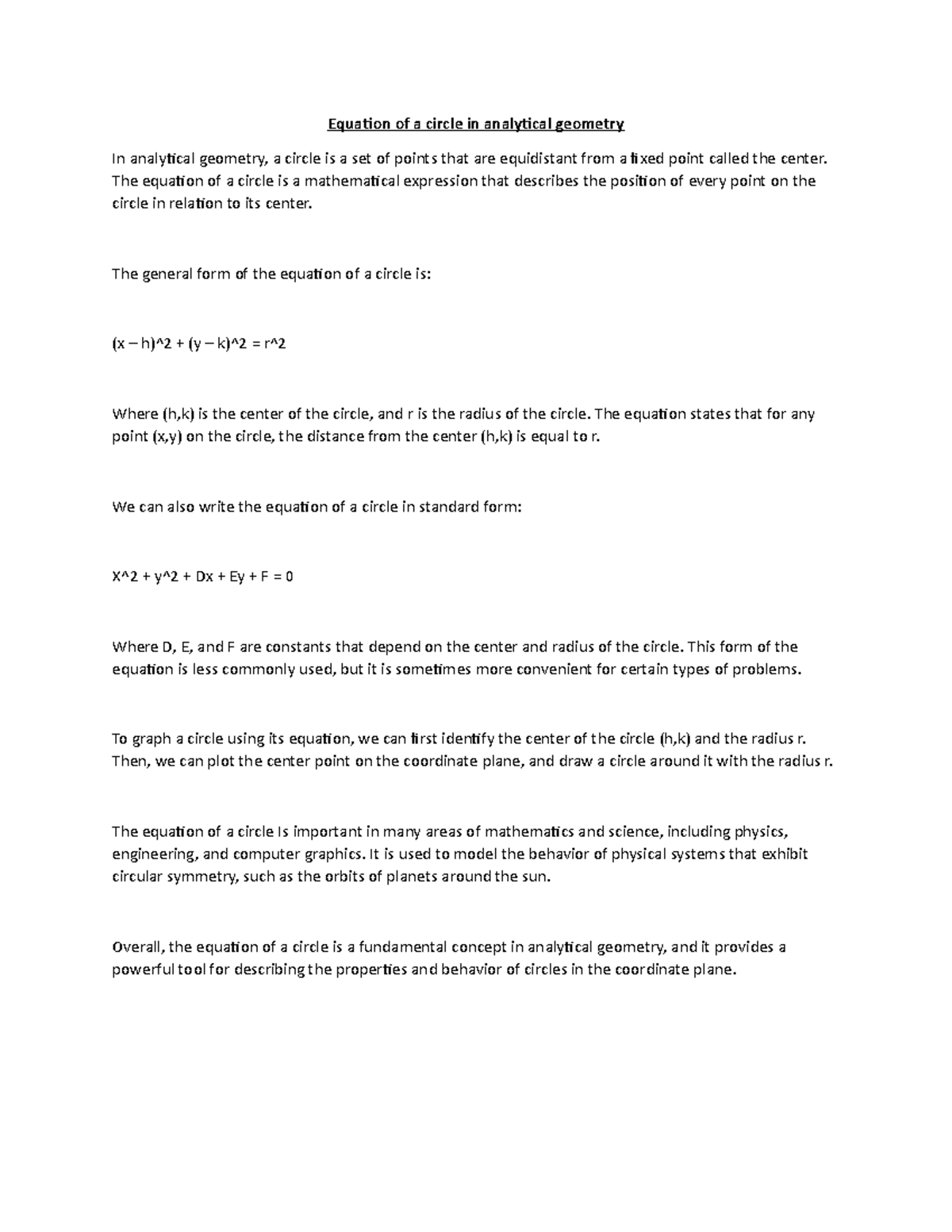 Equation of a circle in analytical geometry - In analytical geometry, a ...