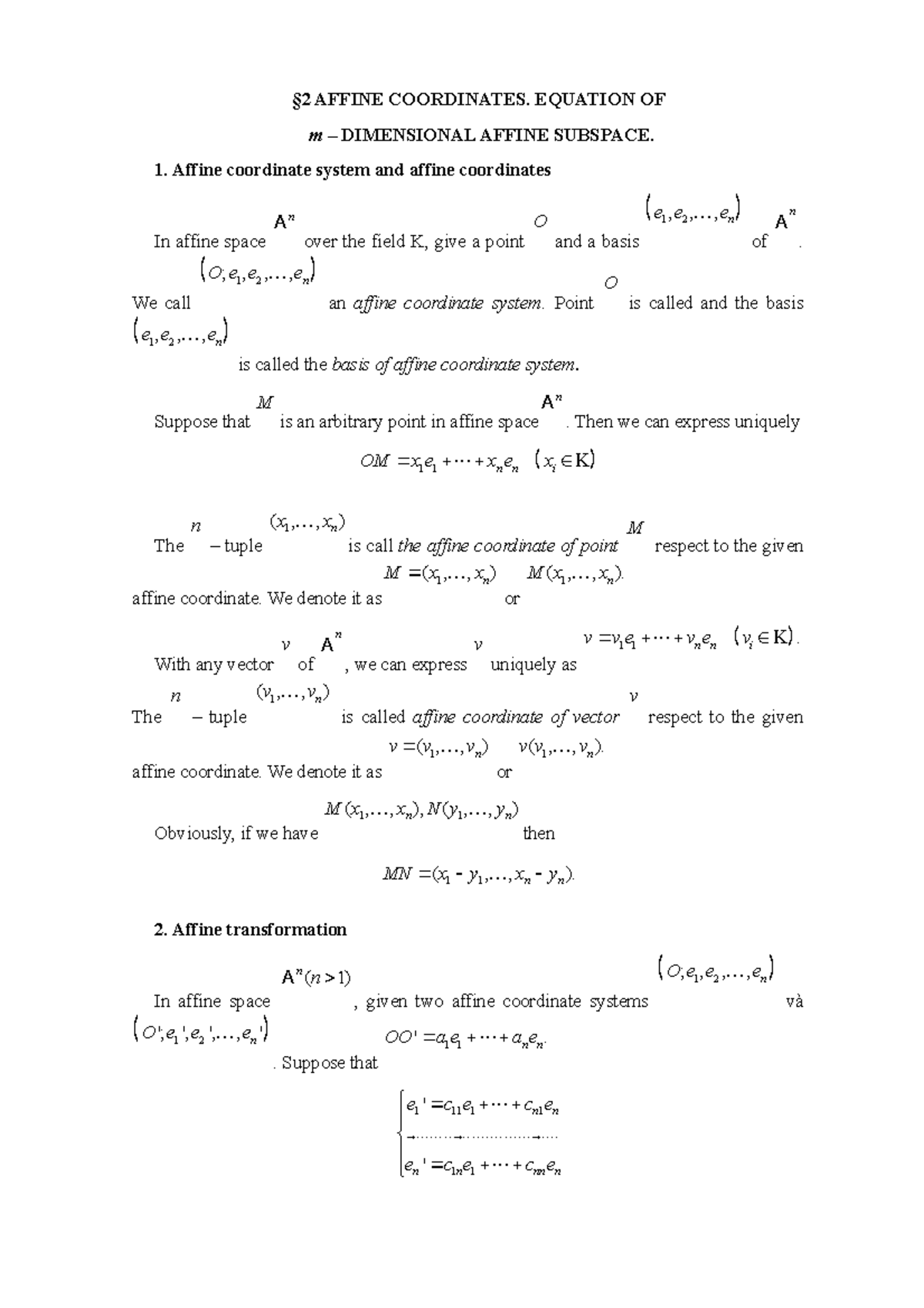 HHCC S2 English - Tiểu luận hhcc - §2 AFFINE COORDINATES. EQUATION OF m ...