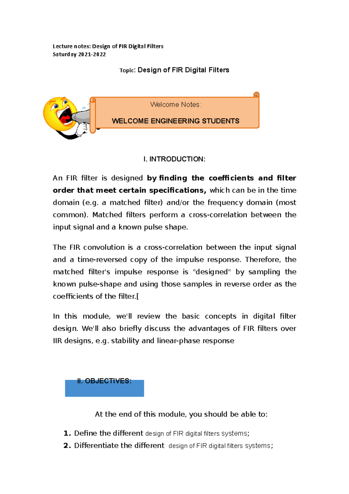 Lecture notes design for digital filters - Lecture notes: Design of FIR ...