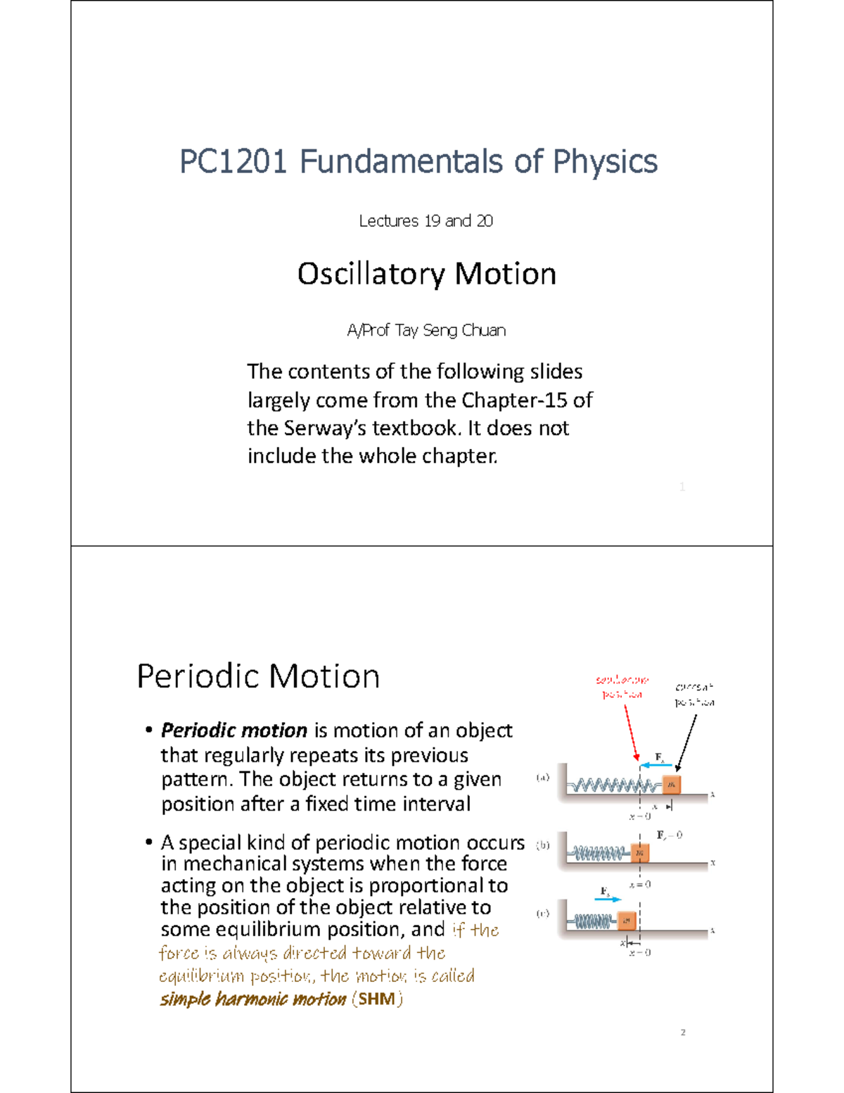Chapter 15 2023 Semester-2 - 1 PC1201 Fundamentals of Physics Lectures 19 and 20 Oscillatory ...