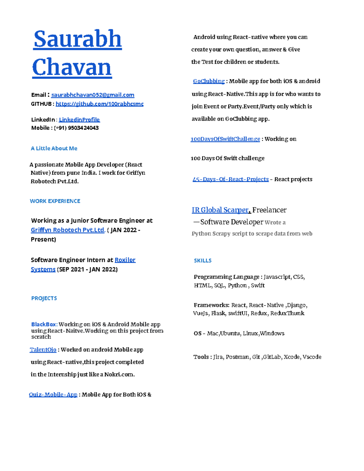 01Saurabh Chavan React Native Resume - Saurabh Chavan Email ...