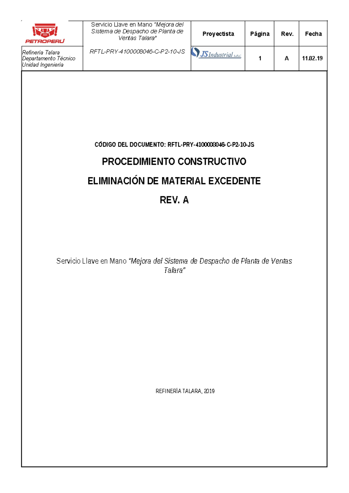 RFTL-PRY-4100008046-C-P2-10-JS - Eliminación de Mate... Rev A - Sistema de Despacho de Planta de ...