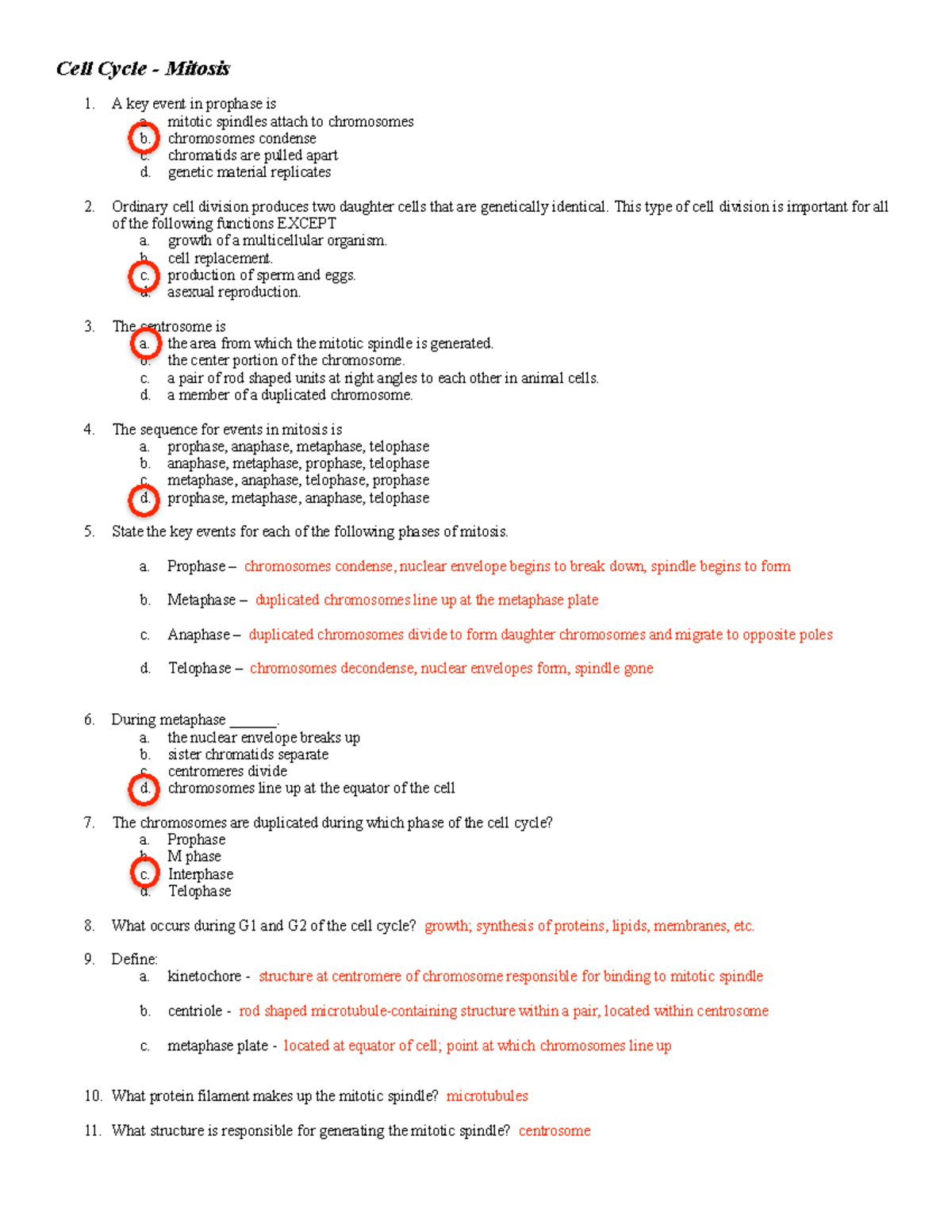 Cell Cycle + Mitosis - Practice Answers - Cell Cycle - Mitosis A key ...