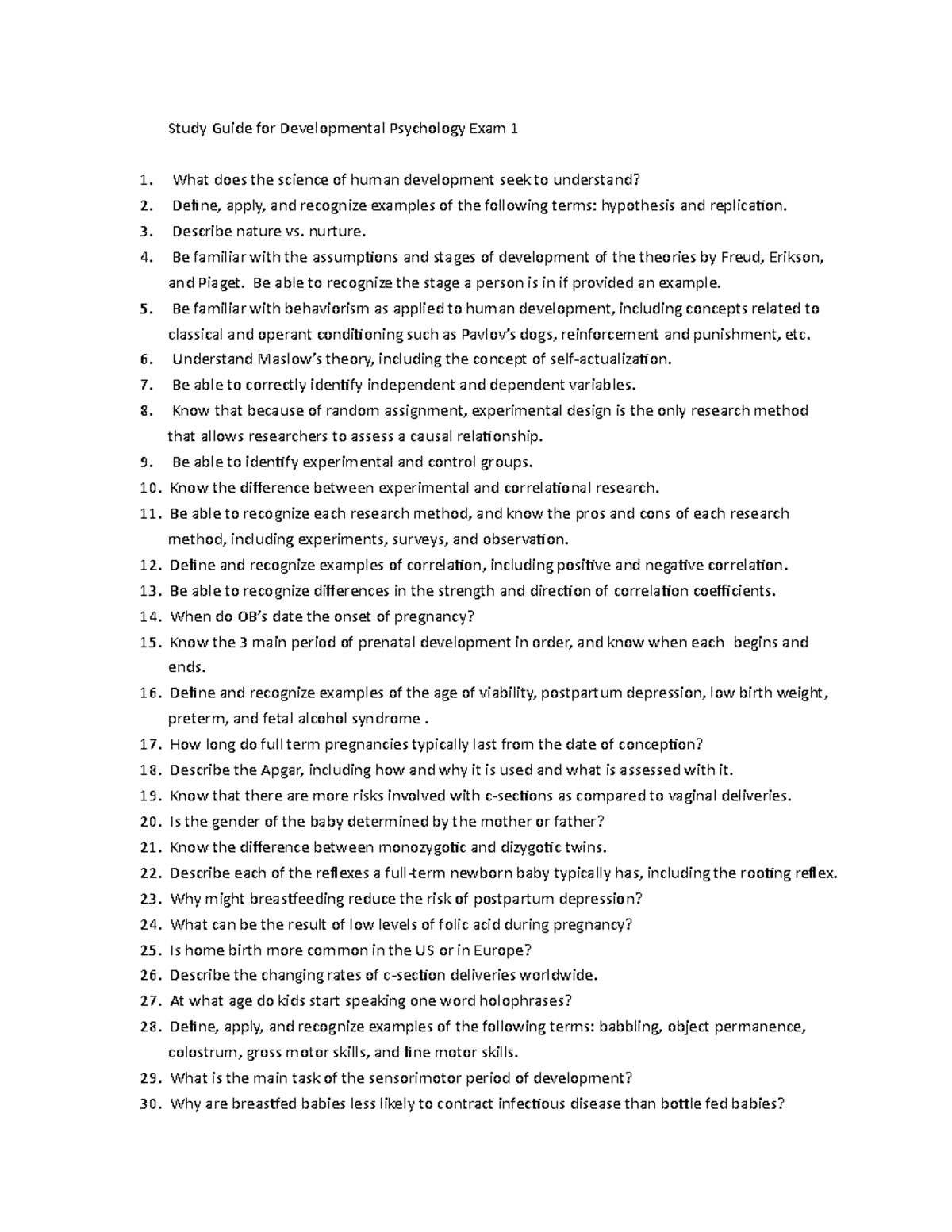 Study Guide for Developmental Psychology Exam 1 - Describe nature vs ...