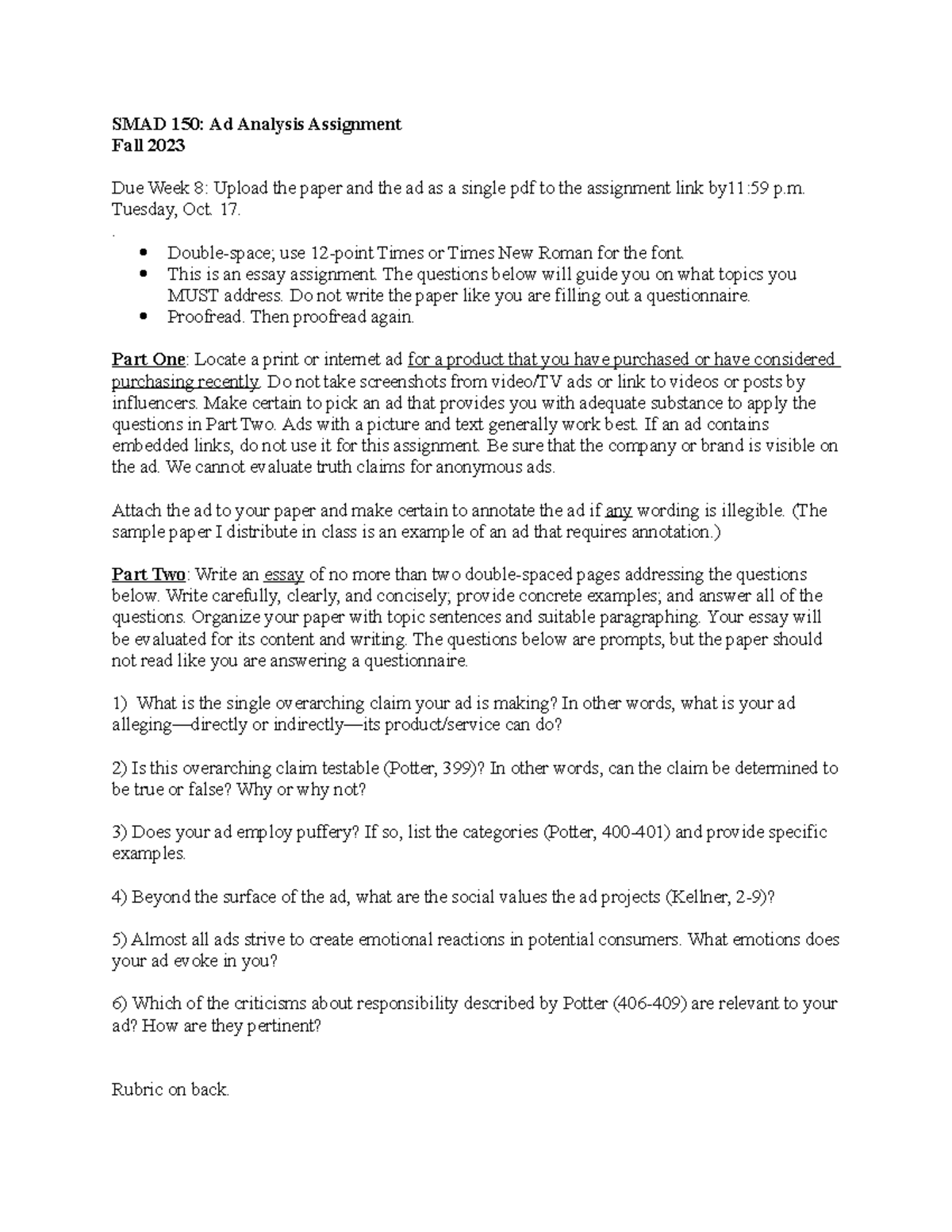 Ad Analysis Assignment Sec3 F23 - SMAD 150: Ad Analysis Assignment Fall ...
