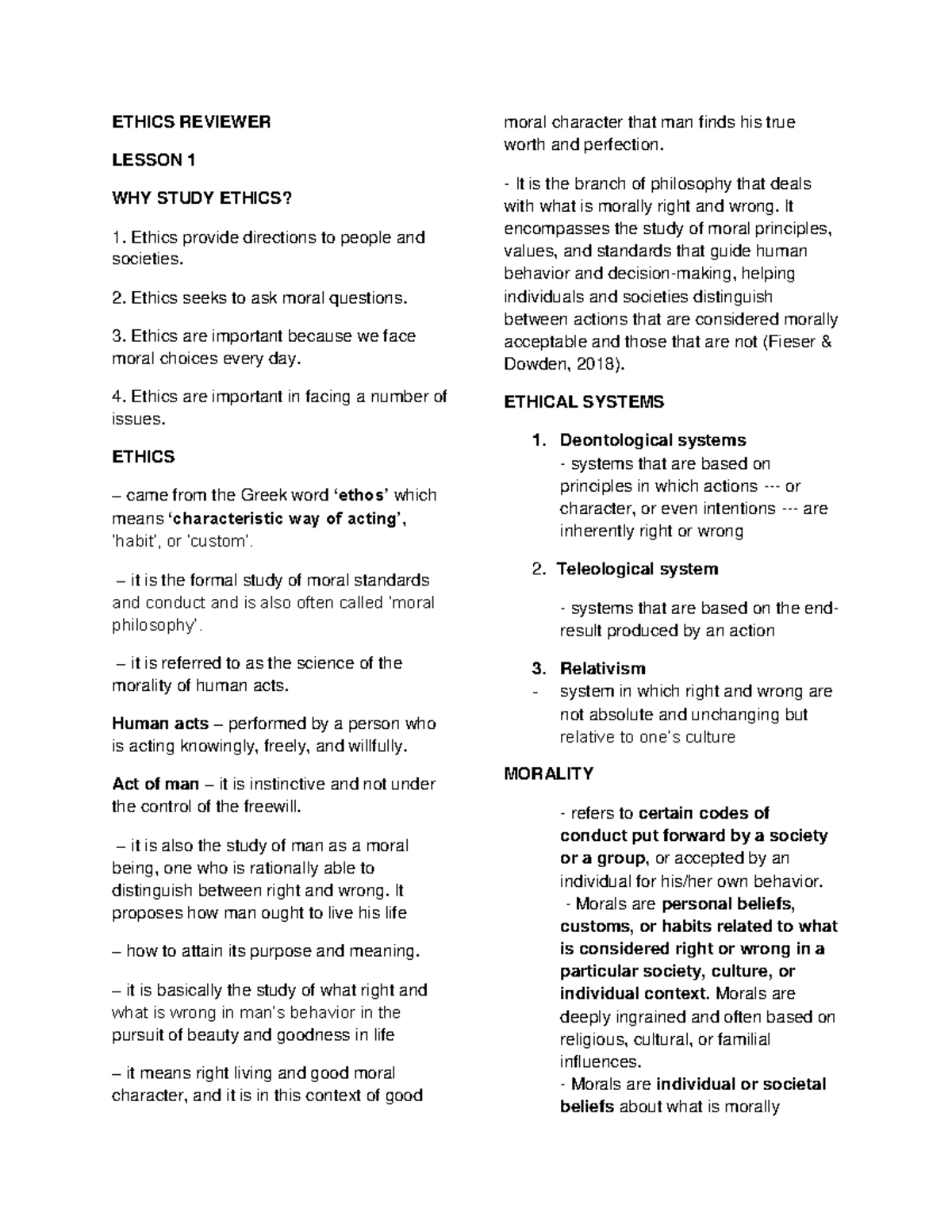 Ethics Reviewer - ETHICS REVIEWER LESSON 1 WHY STUDY ETHICS? Ethics ...