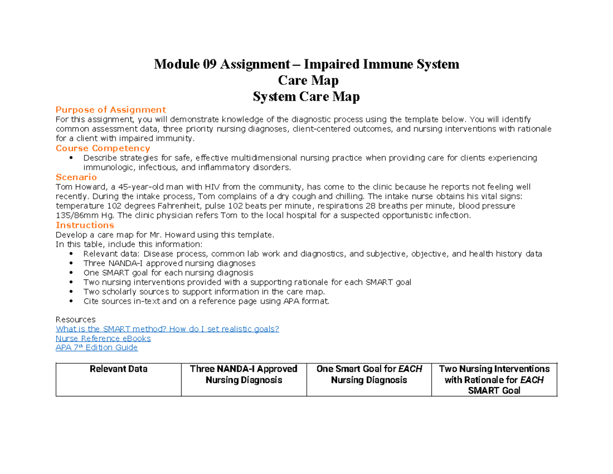Module 09 Impaired Immune System - Module 09 Assignment – Impaired Immune System Care Map System ...
