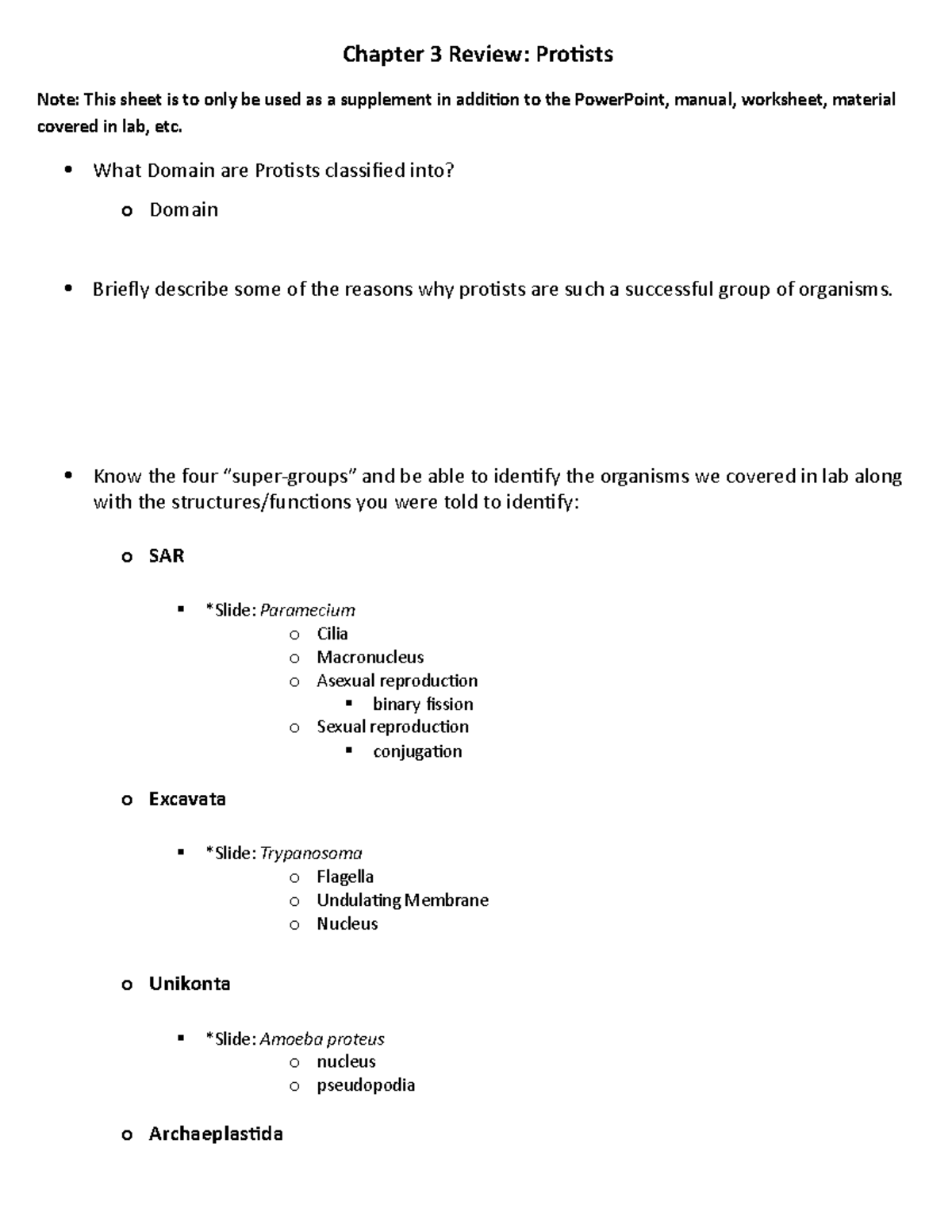 Chapter 3 - Protists - Review - Chapter 3 Review: Protists Note: This ...