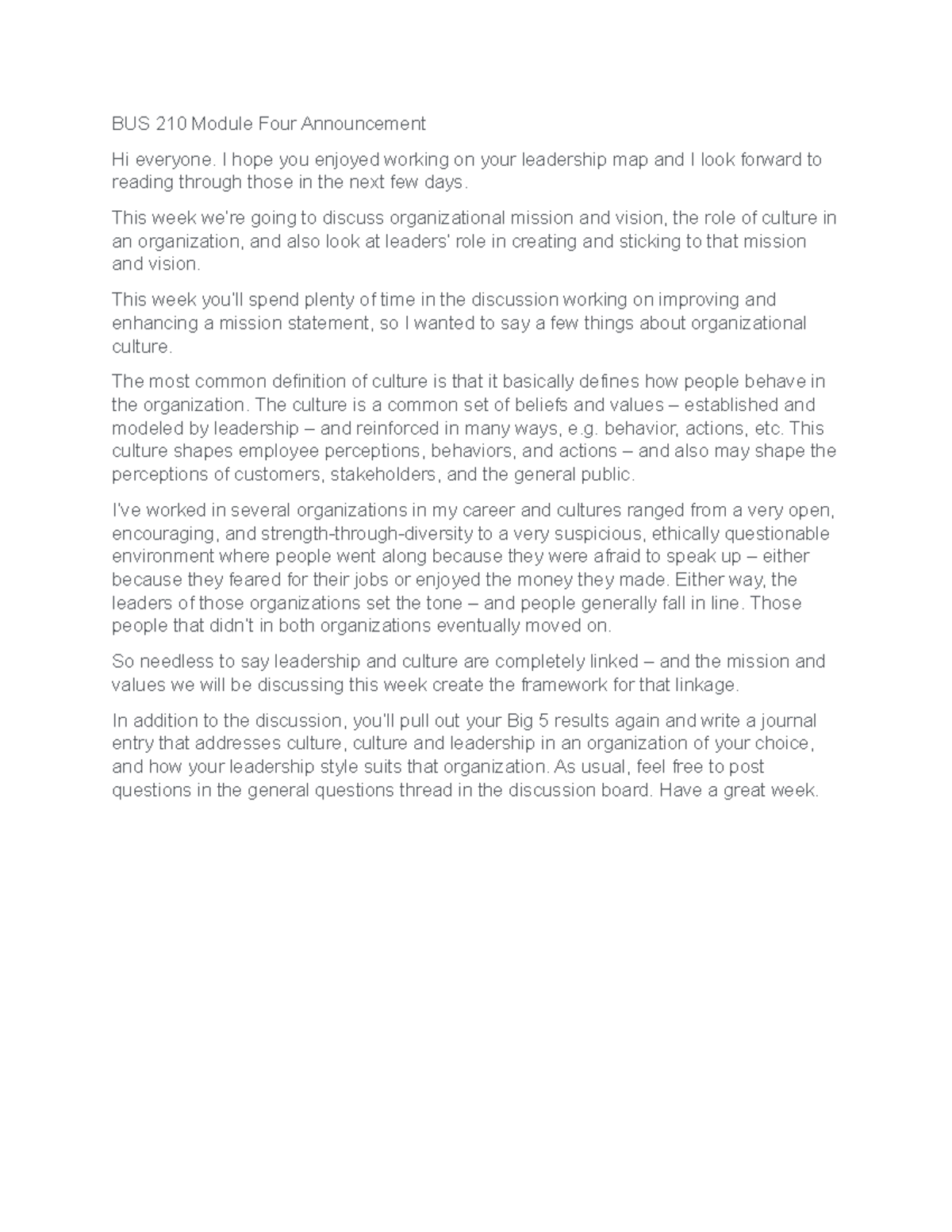 BUS 210 Module Four Announcement - BUS 210 Module Four Announcement Hi ...