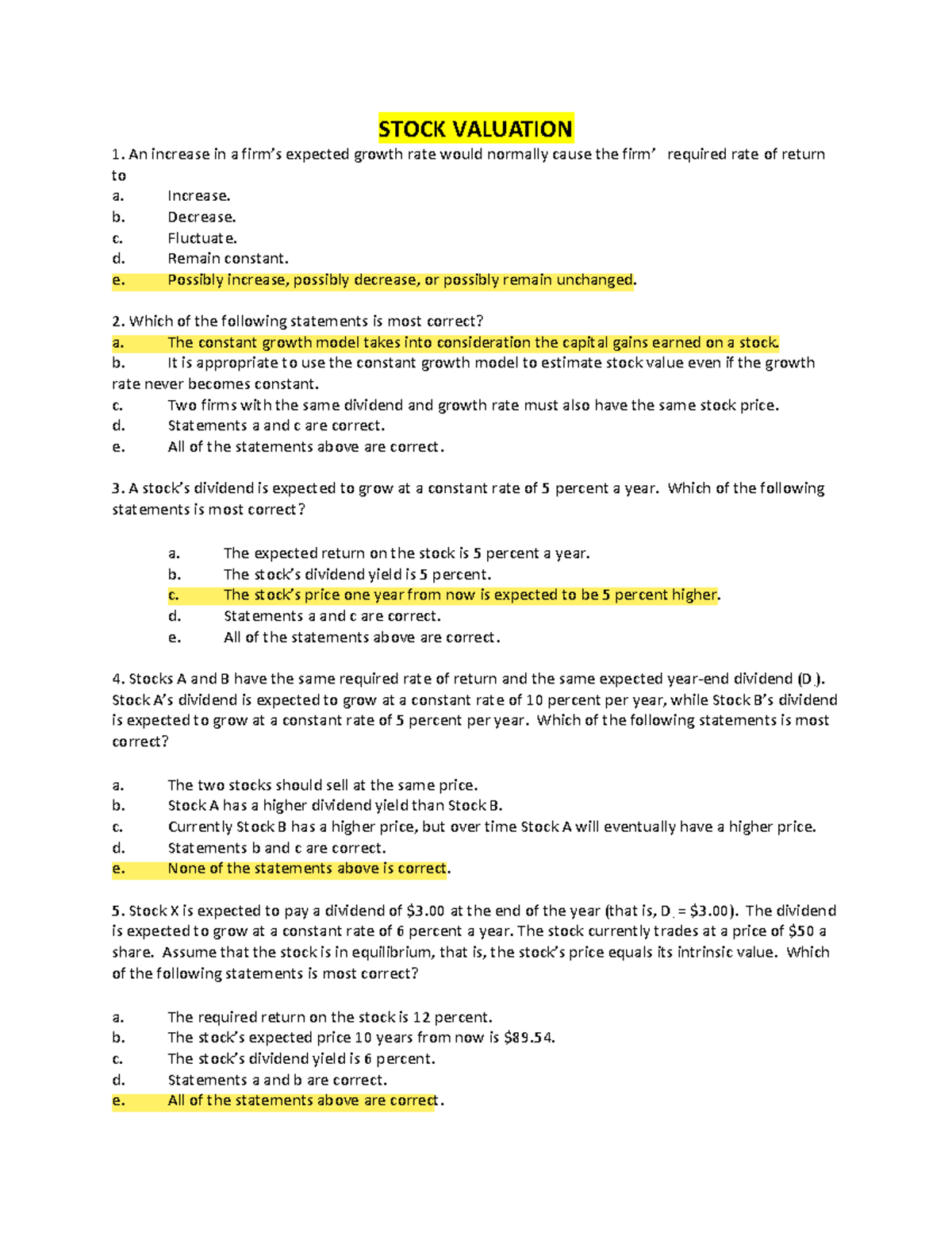 P2 - SW Stock valuation - QUiz - STOCK VALUATION An increase in a firm ...