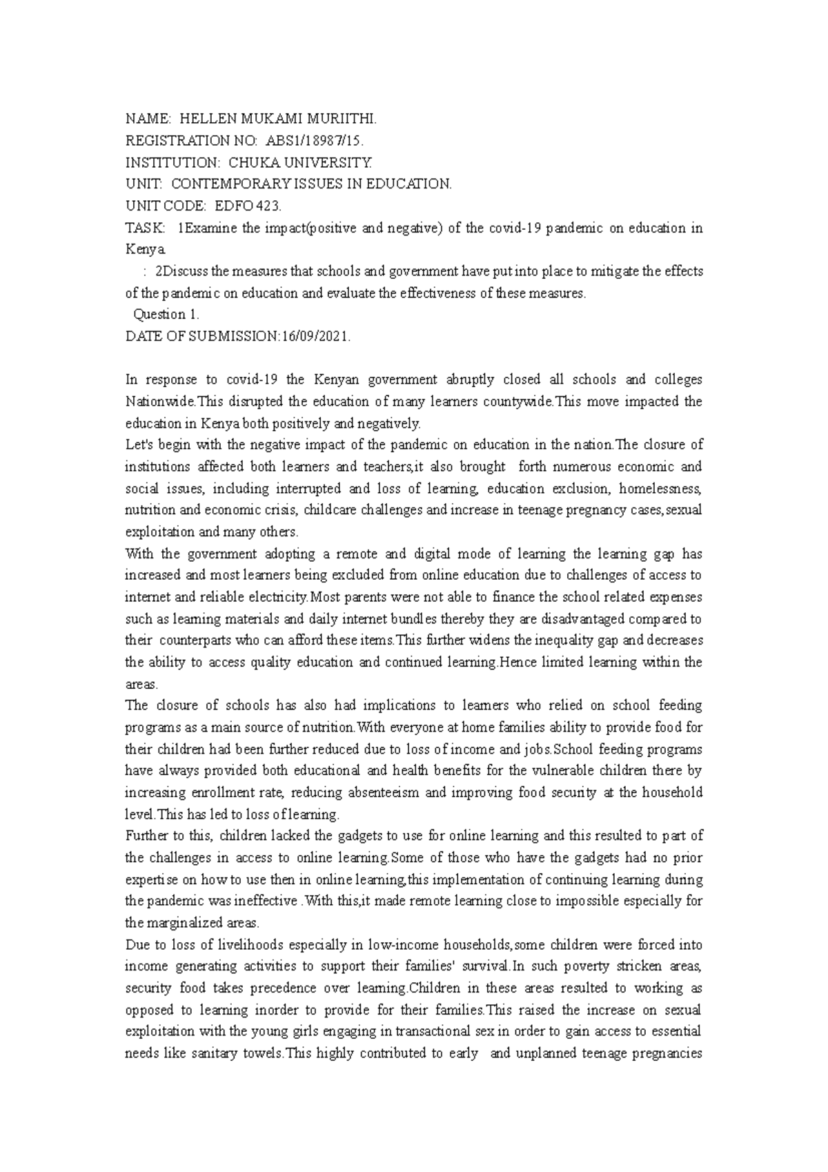 EDFO 423 effects of covid-19 on education in Kenya - NAME: HELLEN ...